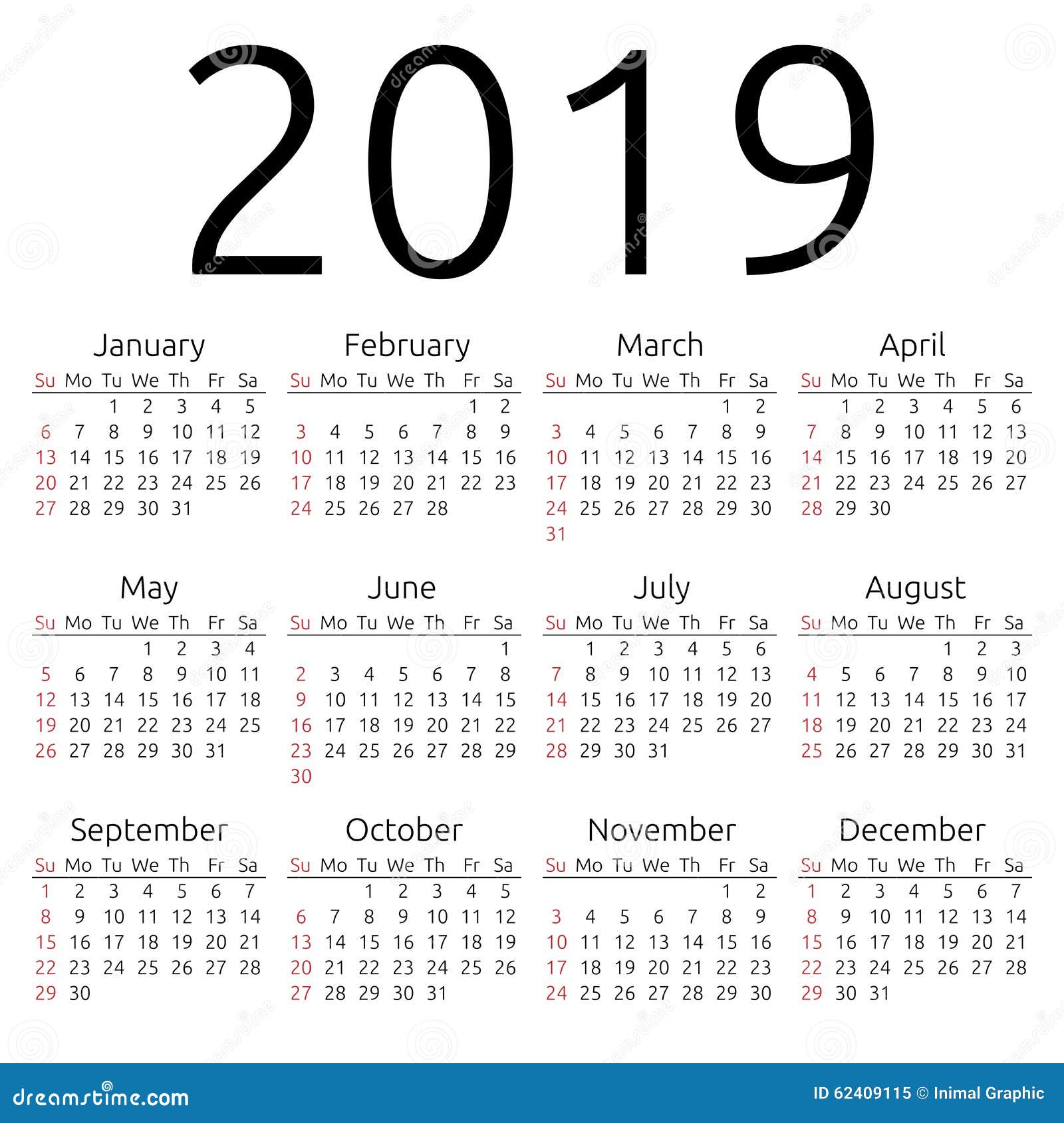 Vector Calendar 2019, Sunday Stock Vector - Illustration of america ...