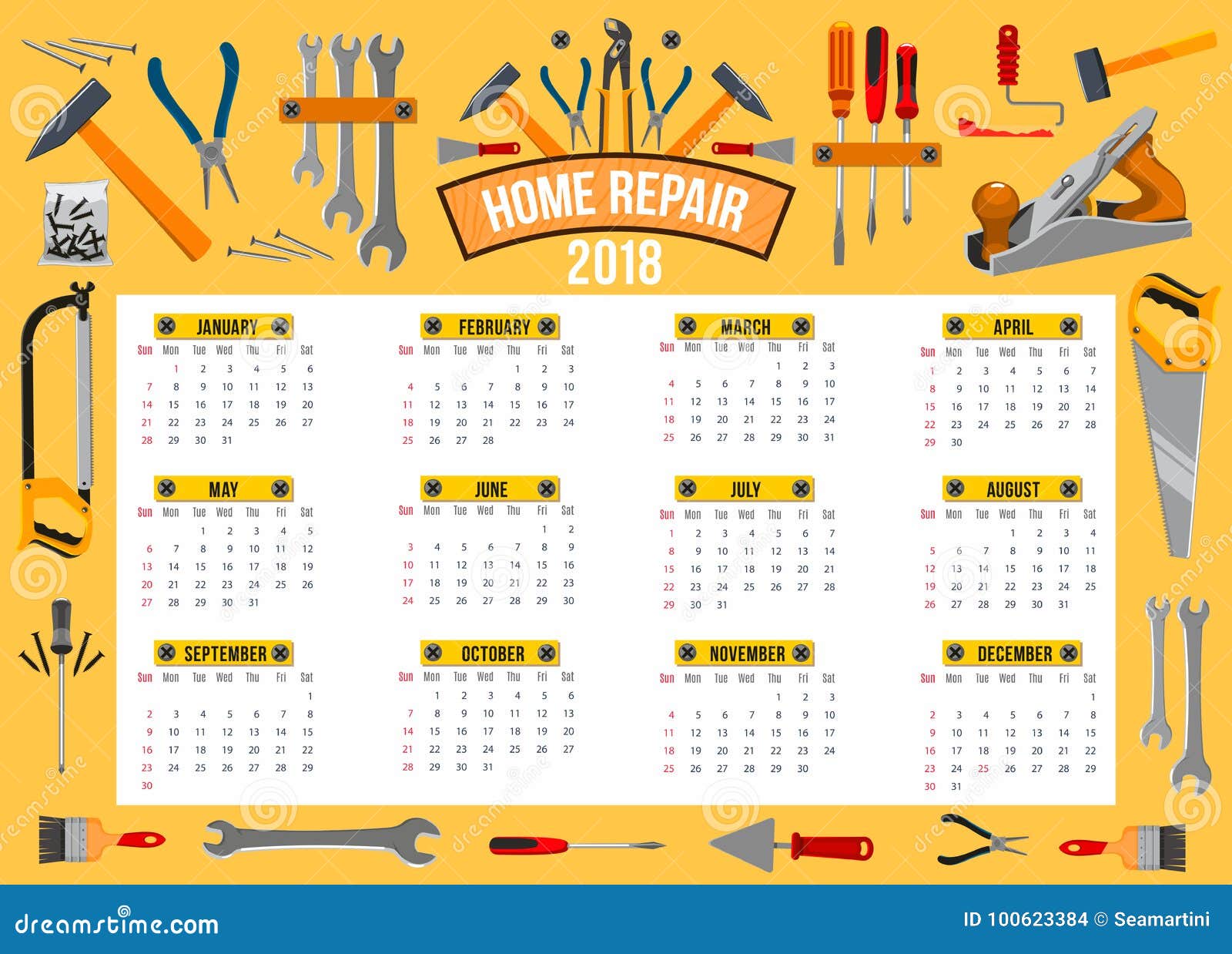 Vector Calendar 2018 Template of Work Tools Stock Vector - Illustration ...