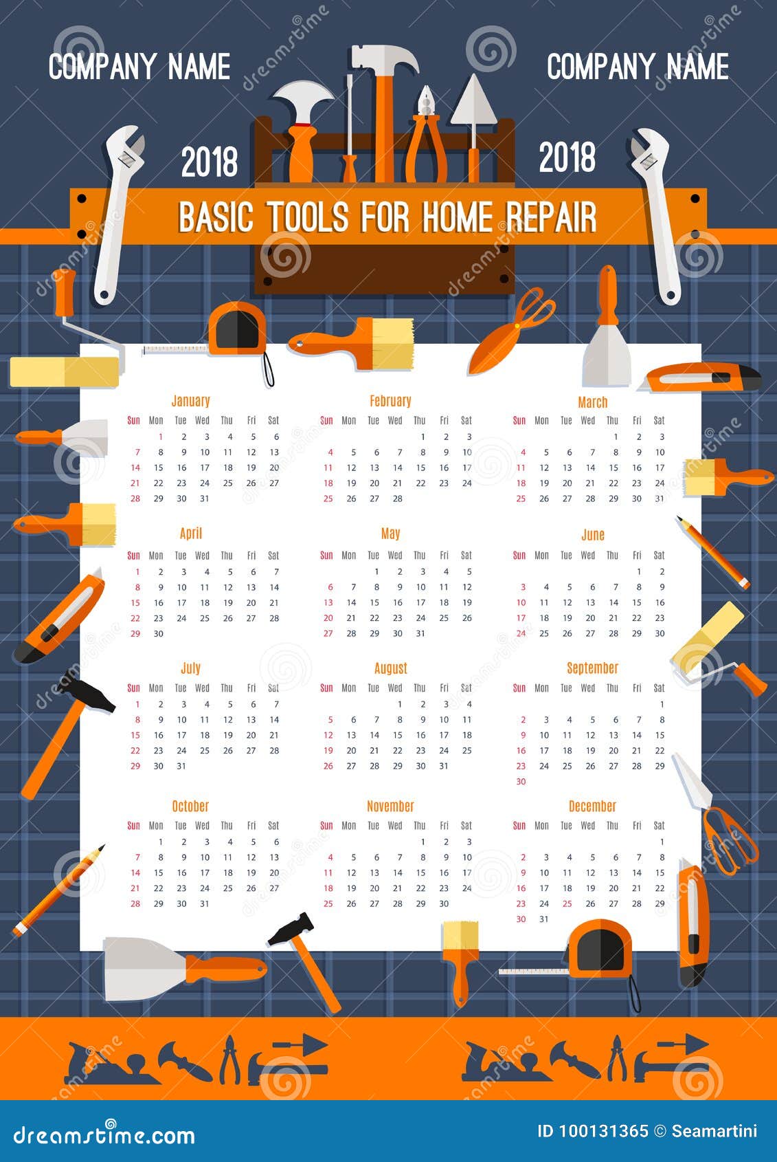 Vector 2018 Calendar Template of Work Tools Stock Vector - Illustration ...