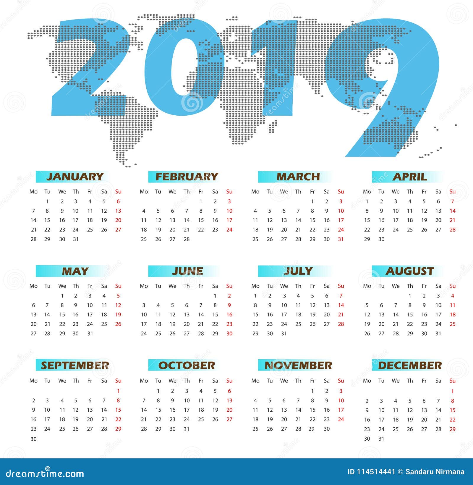 Vector 2019 Calendar Template with World Map Stock Vector ...