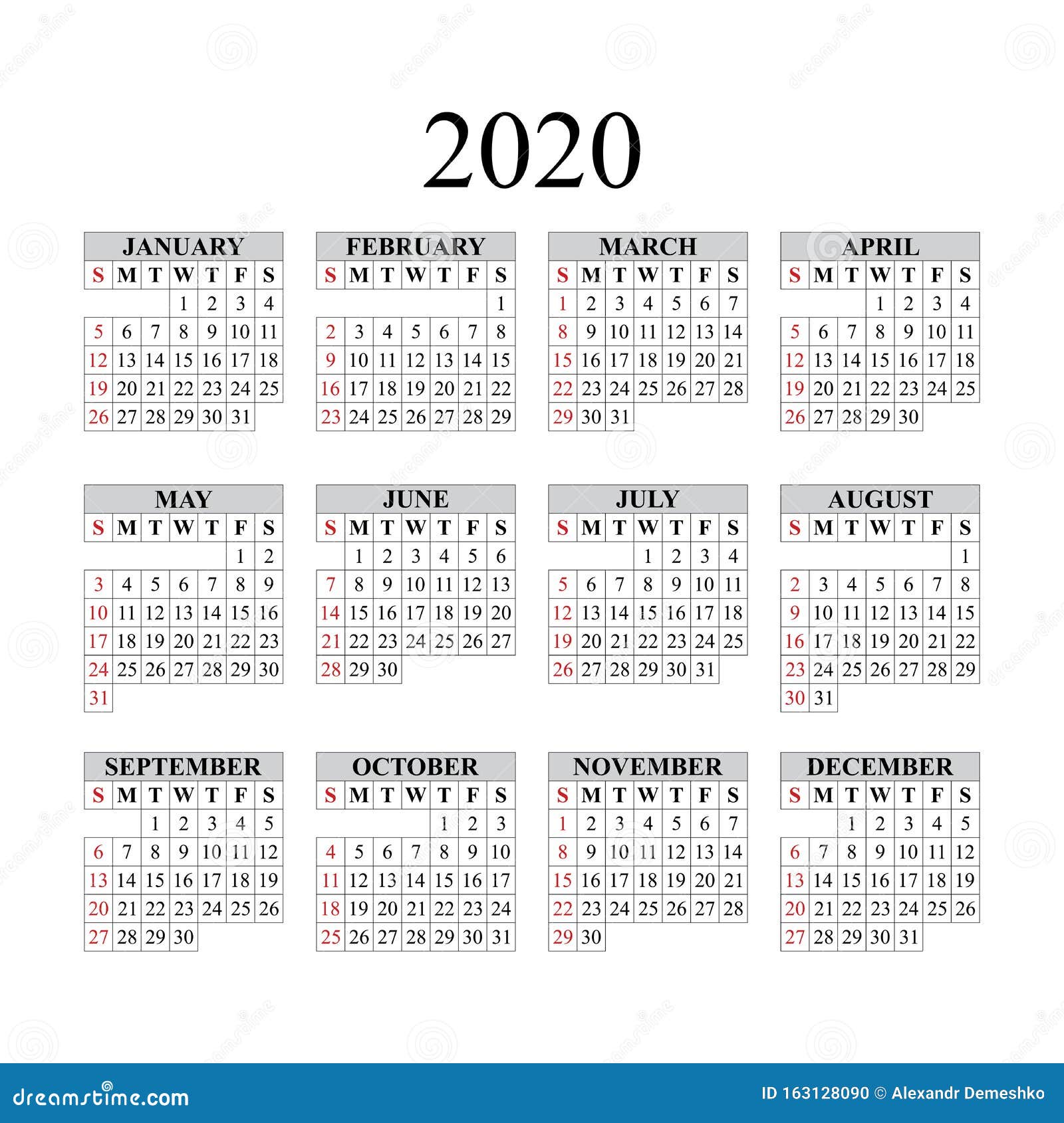 Vector Calendar for 2020 Year. EPS10. Stock Vector - Illustration of ...