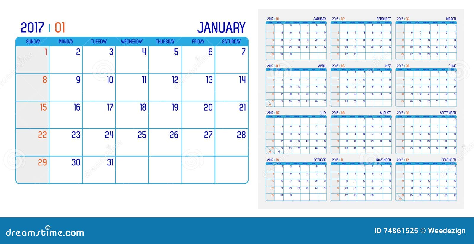 Vector of Calendar 2017 Year , 12 Month Calendar with Simple Basi Stock ...