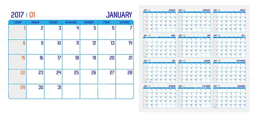 Vector of Calendar 2017 Year , 12 Month Calendar with Simple Basi Stock ...