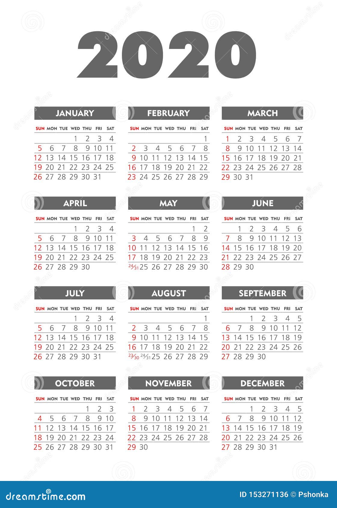 Vector Calendar 2020 Year. Week Starts from Sunday Stock Vector ...