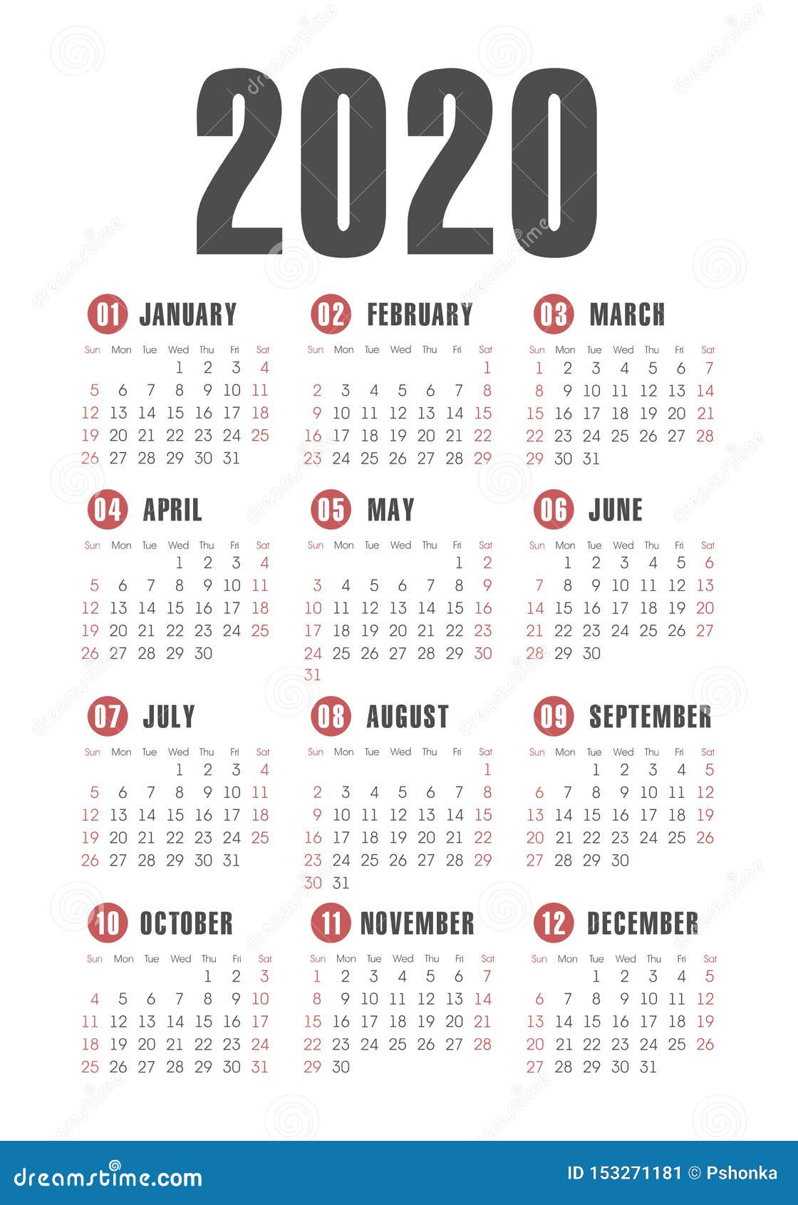 Vector Calendar 2020 Year. Week Starts from Sunday Stock Vector ...