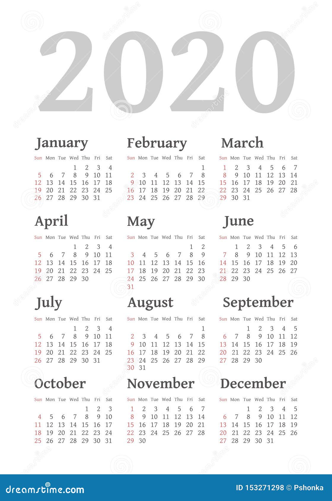 Vector Calendar 2020 Year. Week Starts from Sunday Stock Vector ...