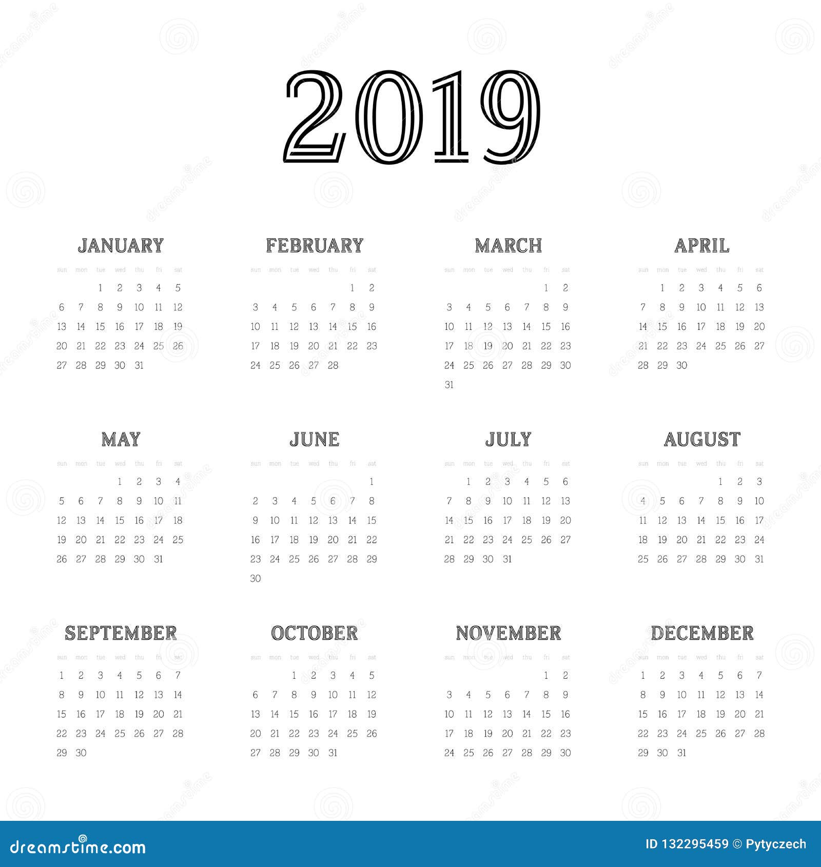 Vector Calendar - Year 2019. Week Starts from Sunday Stock Vector ...