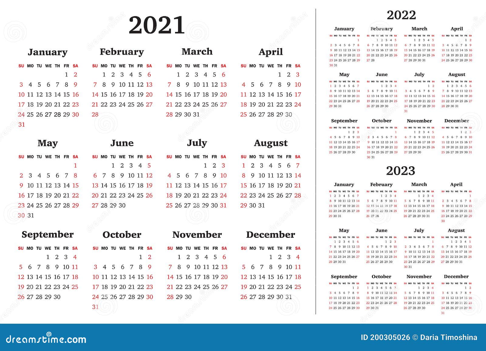 Vector Calendar for 2021, 2022, 2023 Years. Week Starts Sunday Stock ...