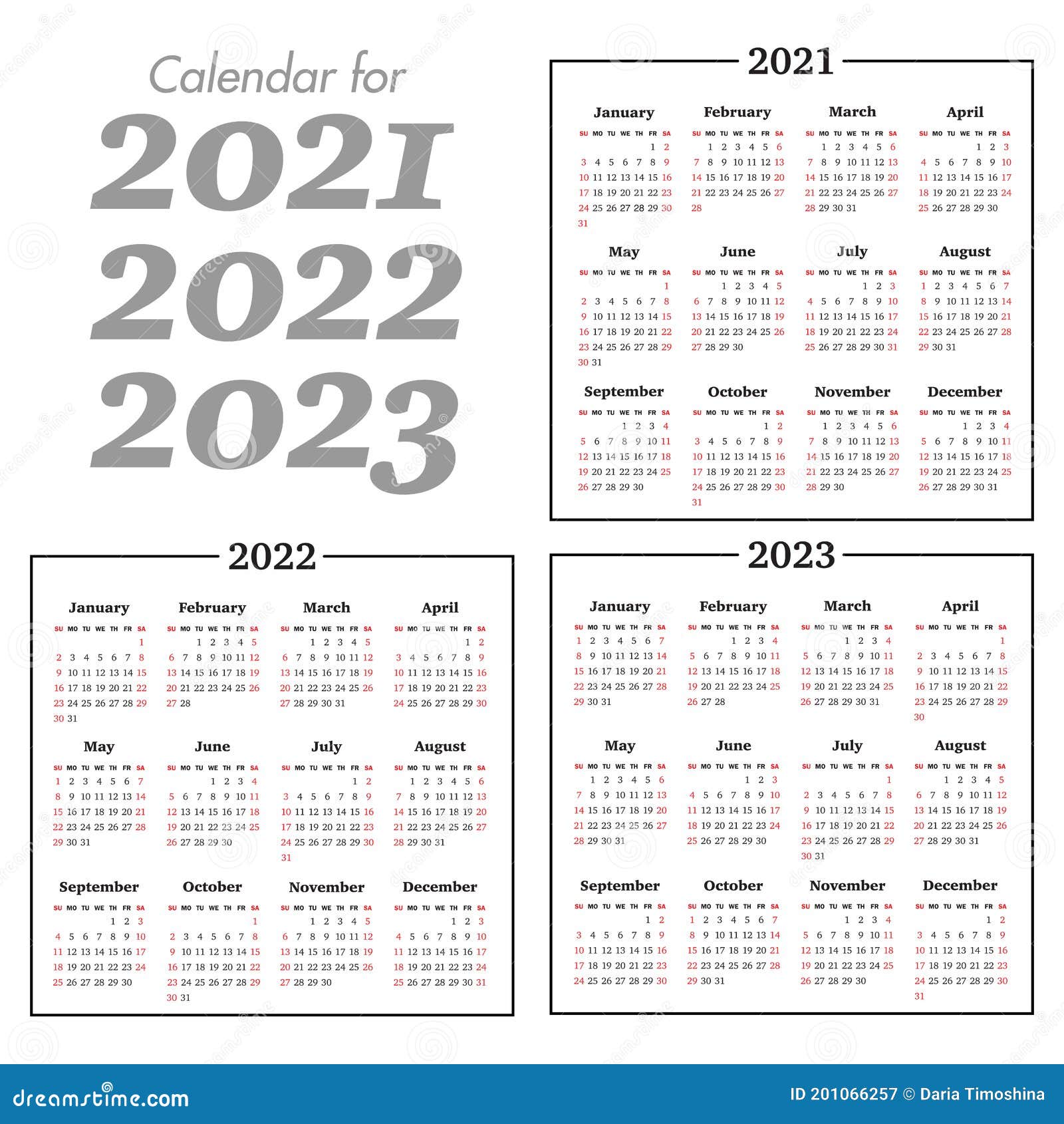 Vector Calendar for 2021, 2022, 2023 Years. Week Starts Sunday Stock ...