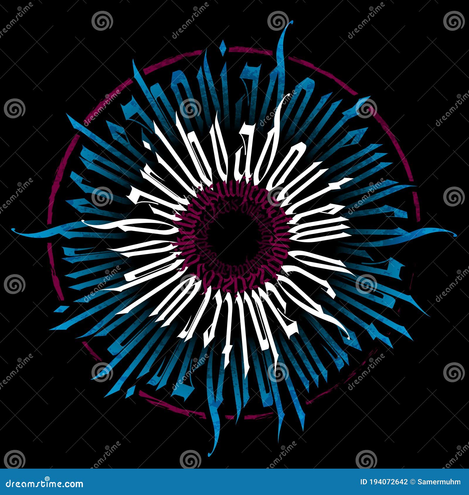 Gothic Abstract of Modern Blue Calligraphy on Black Background. Ready ...