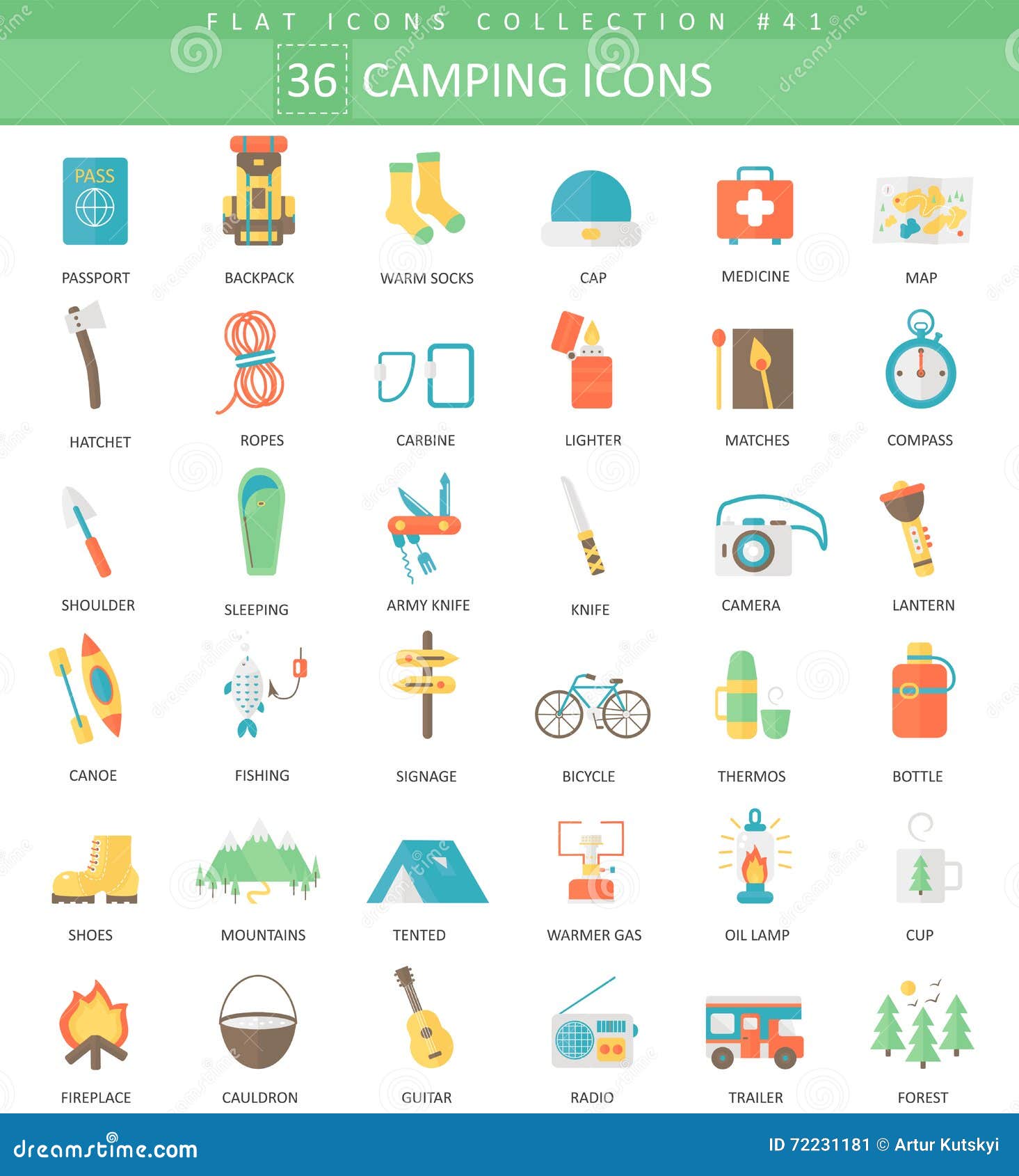 Vector Camping Color Flat Icon Set. Elegant Style Design. Stock Vector ...