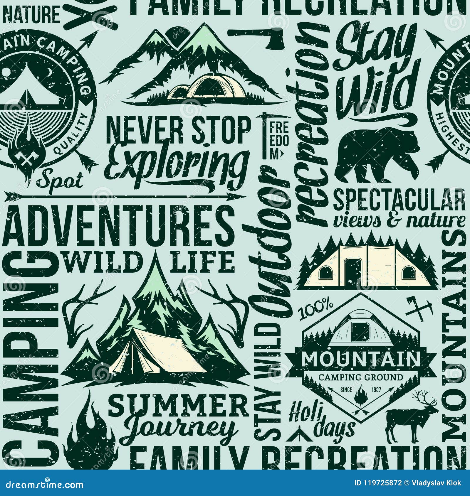 Vector Camping Retro Styled Seamless Pattern or Background Stock Vector ...