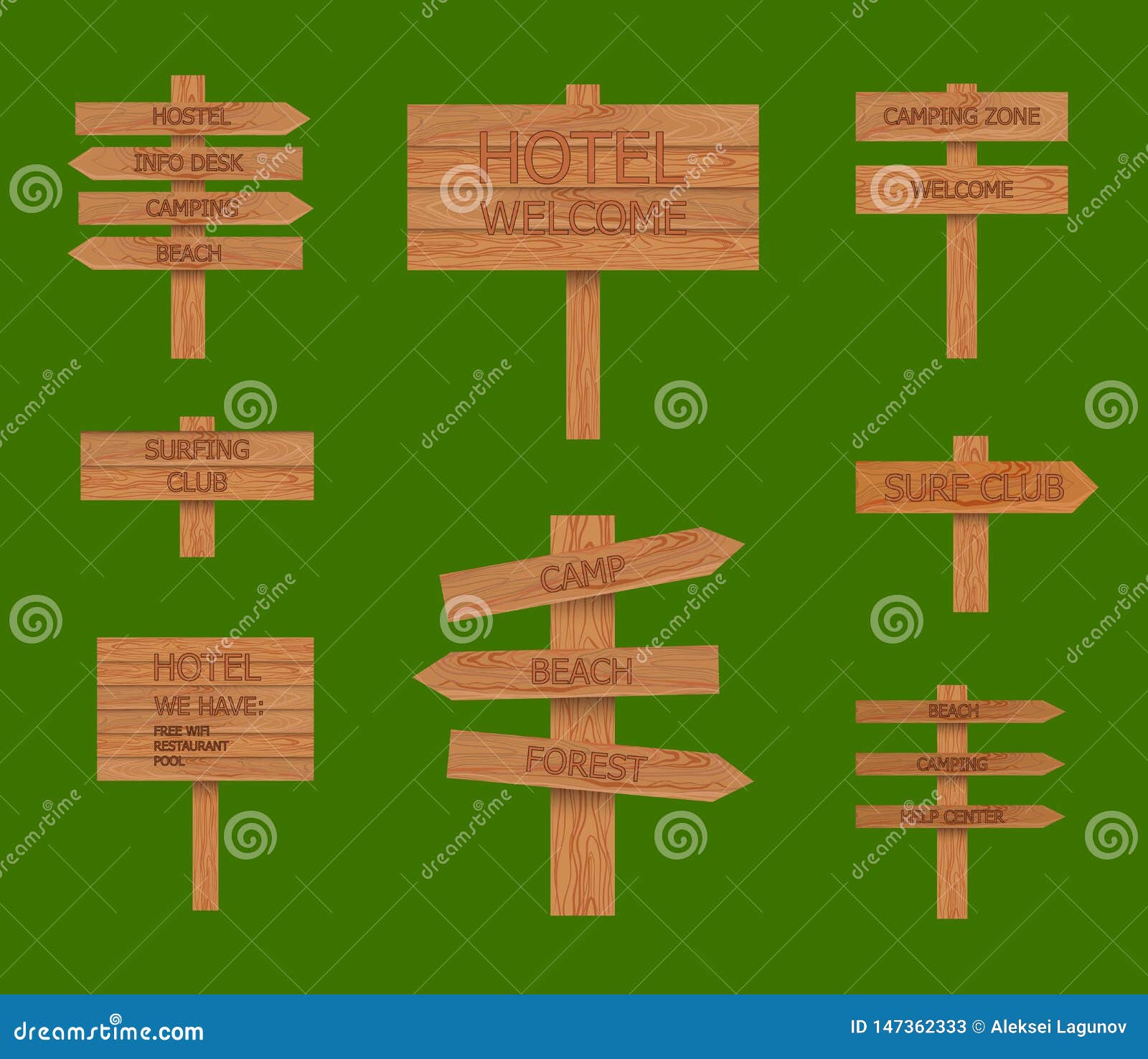 Vector Camping Wood Signs Set, Beach Pointer, Illustration on Green ...