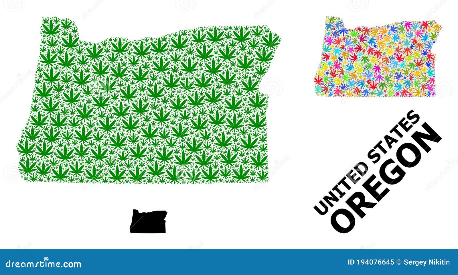 Vector Collage Map of Oregon State of Colored and Green Cannabis Leaves ...