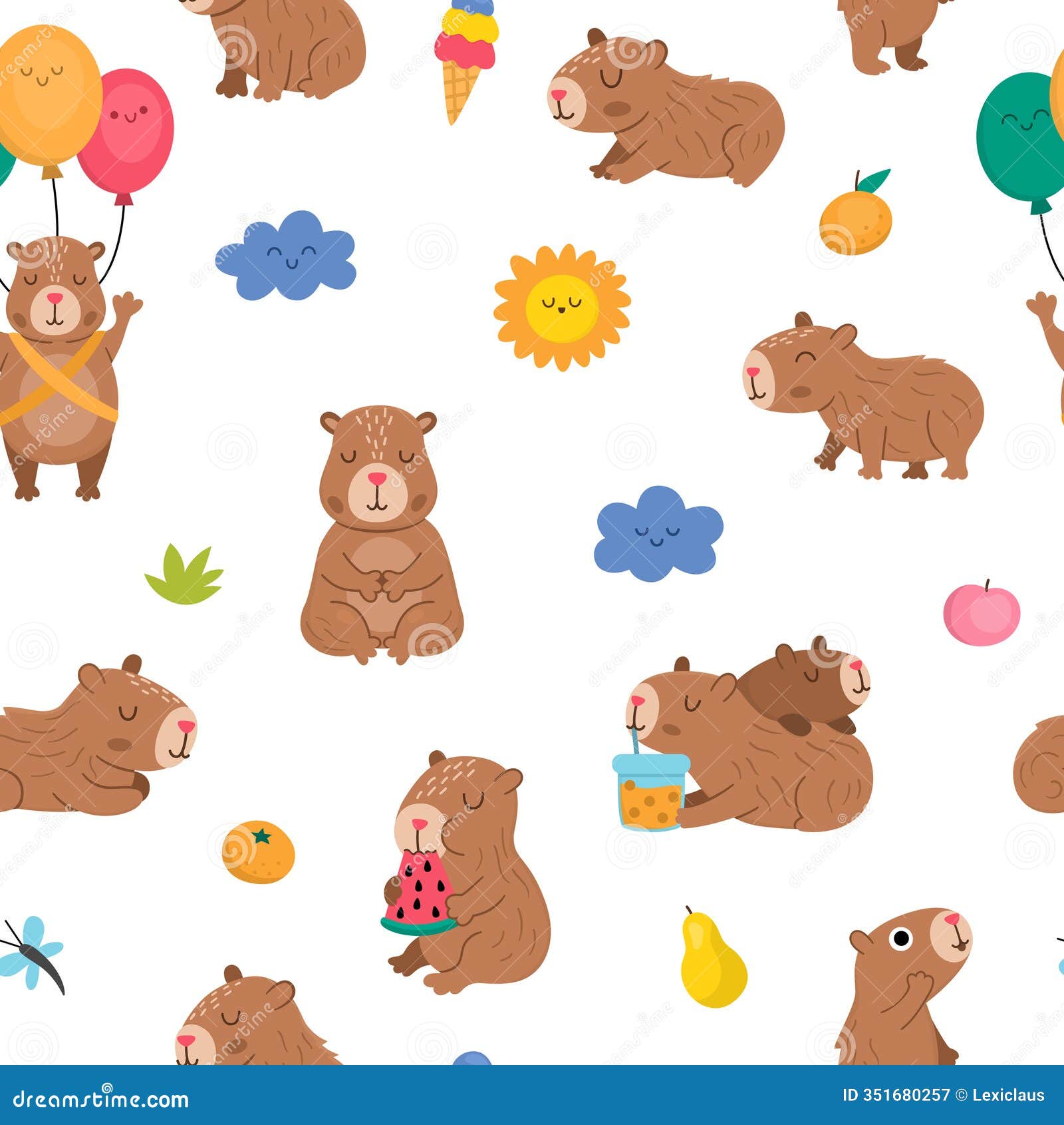 Capybara Seamless Pattern Swimming Shower Vector Cartoon Pet Doodle ...
