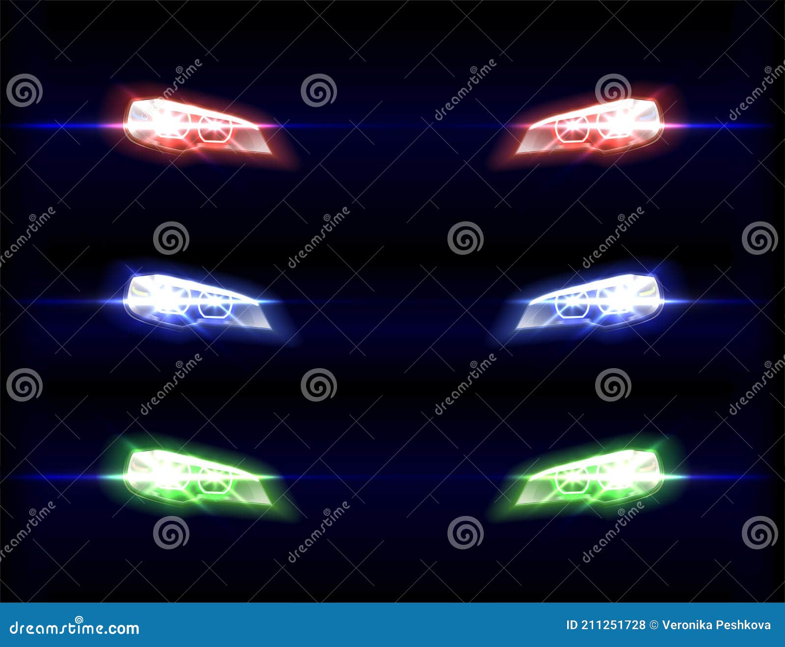 Vector Car Front Lights in Different Color Shades on Transparent Dark ...
