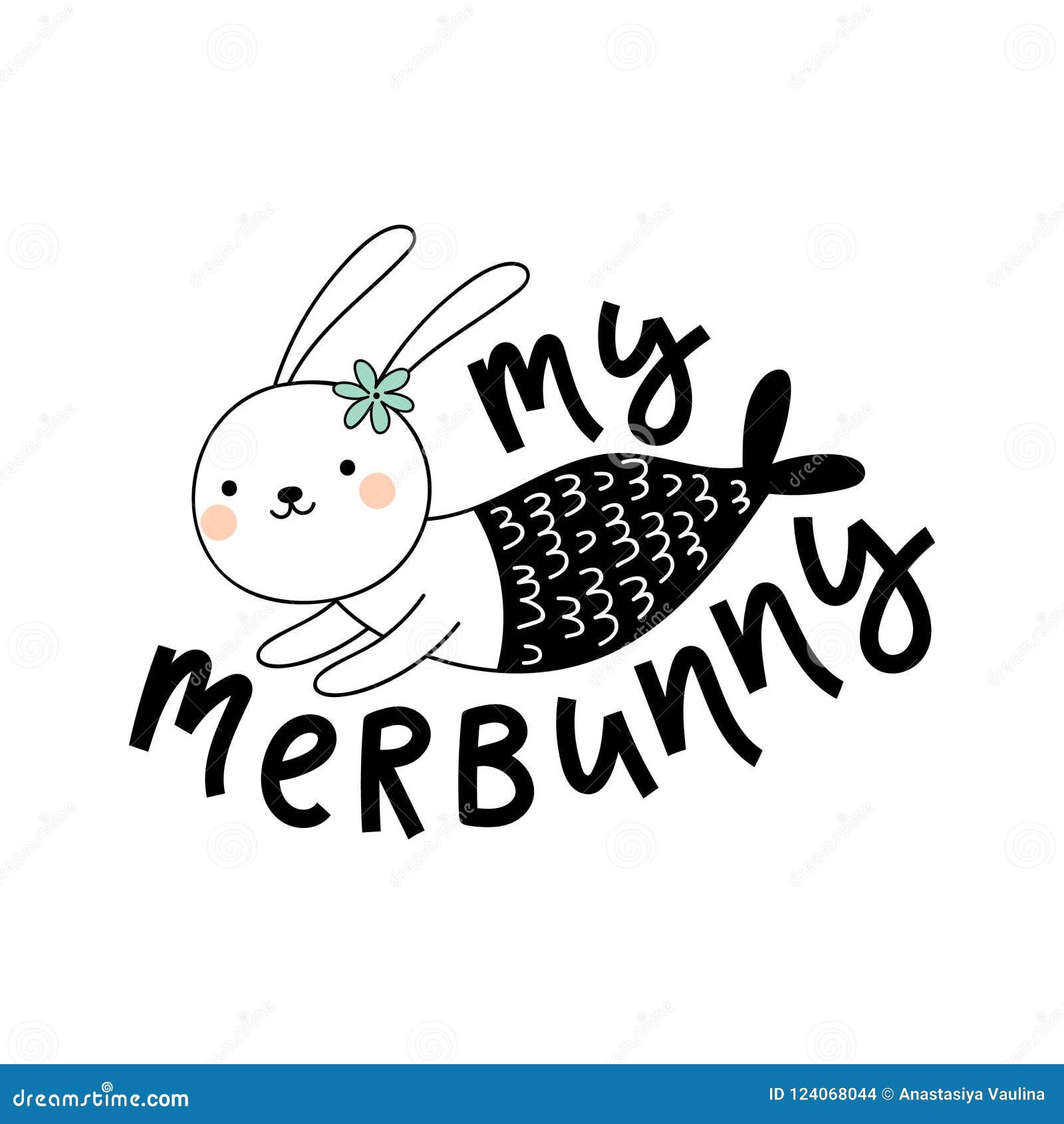 Vector Card with Cute Bunny Mermaid on White Background and Text My ...