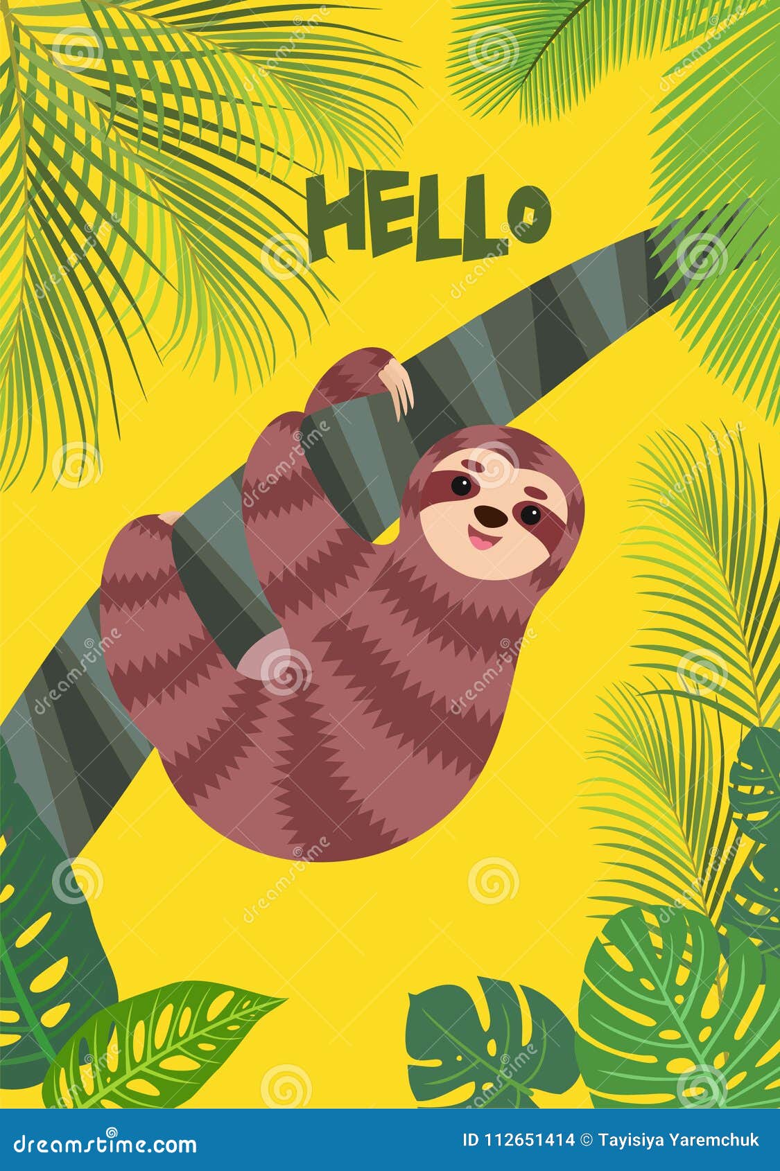 Vector Card with Cute Sloth and Tropical Leaves. Stock Illustration ...