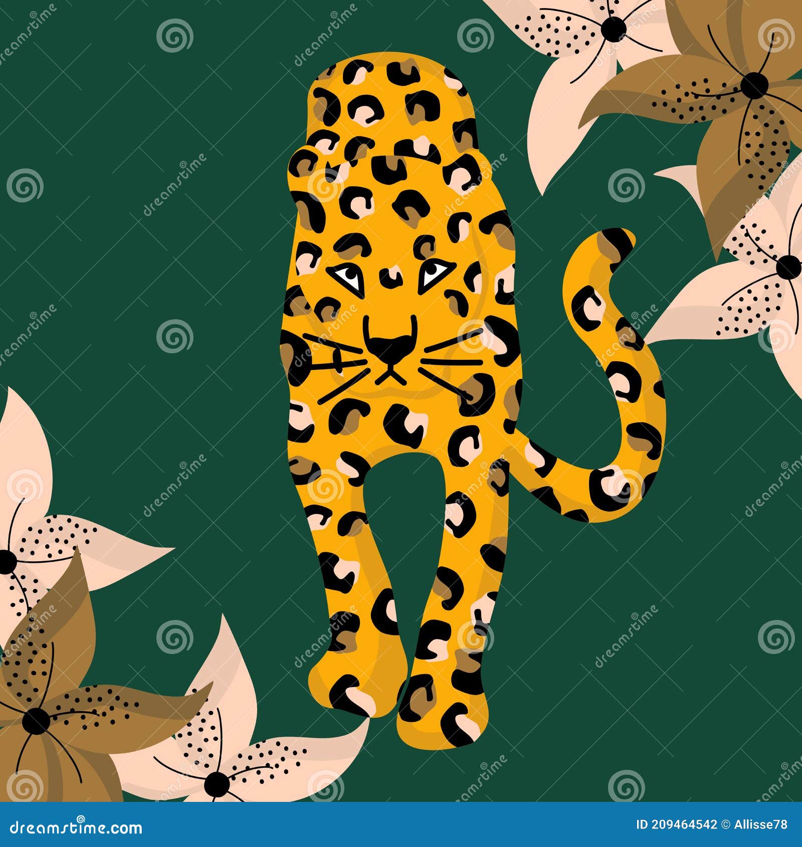 Cute Vector Card Illustration with Leopard and Flowers Stock Vector ...