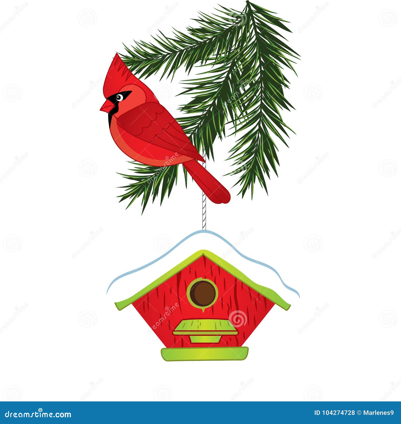 Vector Cardinal, Pine Tree Branch and Birdhouse Stock Vector ...