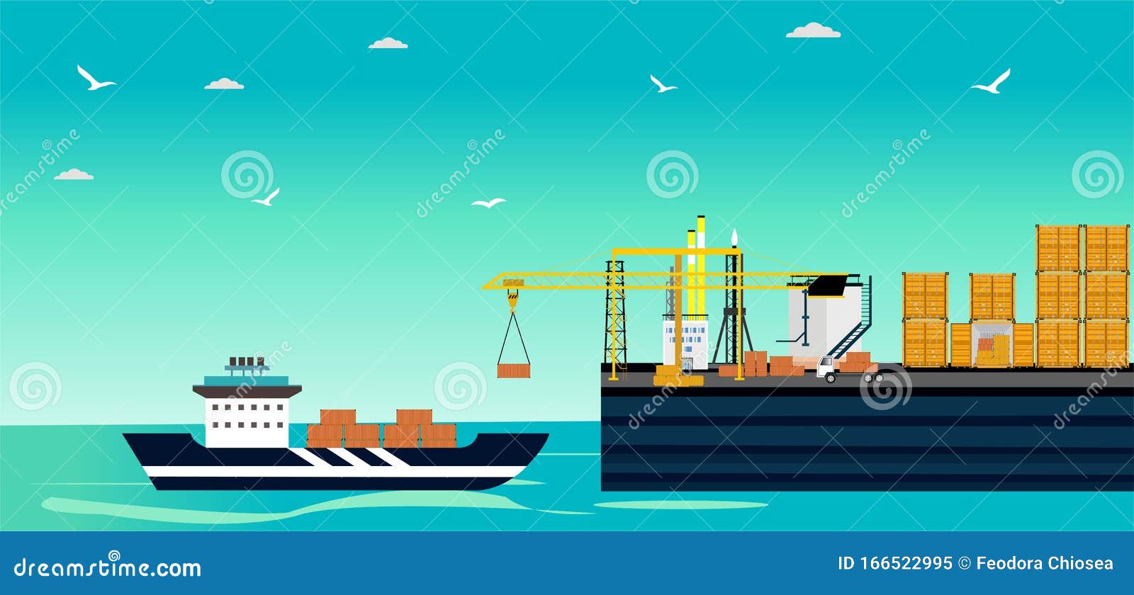 Vector of a Cargo Ship Loading in a City Port with Cranes on Dockside ...