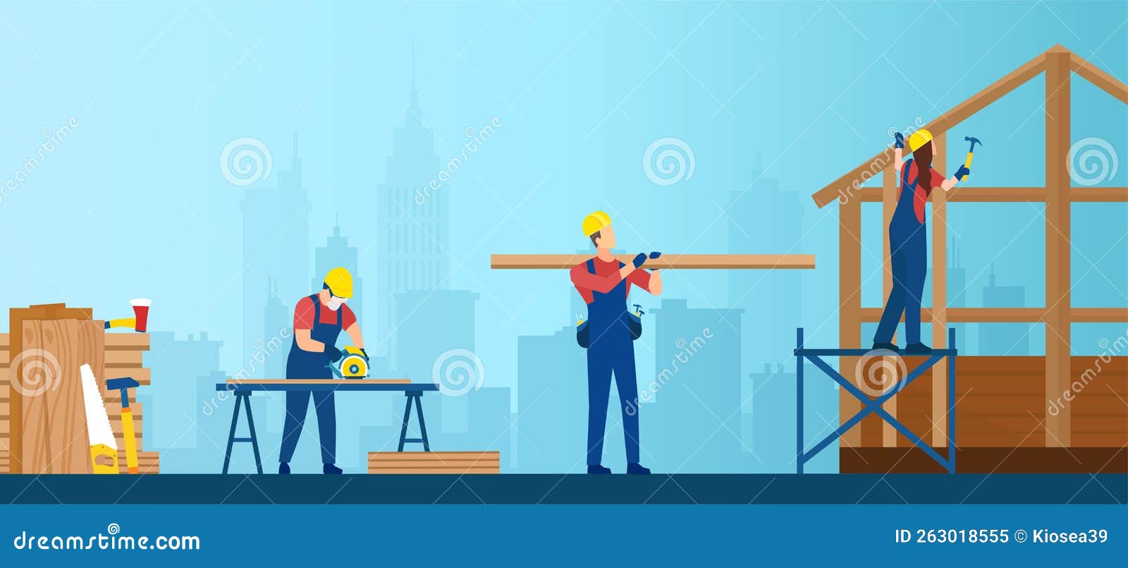 Vector of Carpenters at Work, Building a Wood Frame House Structure ...