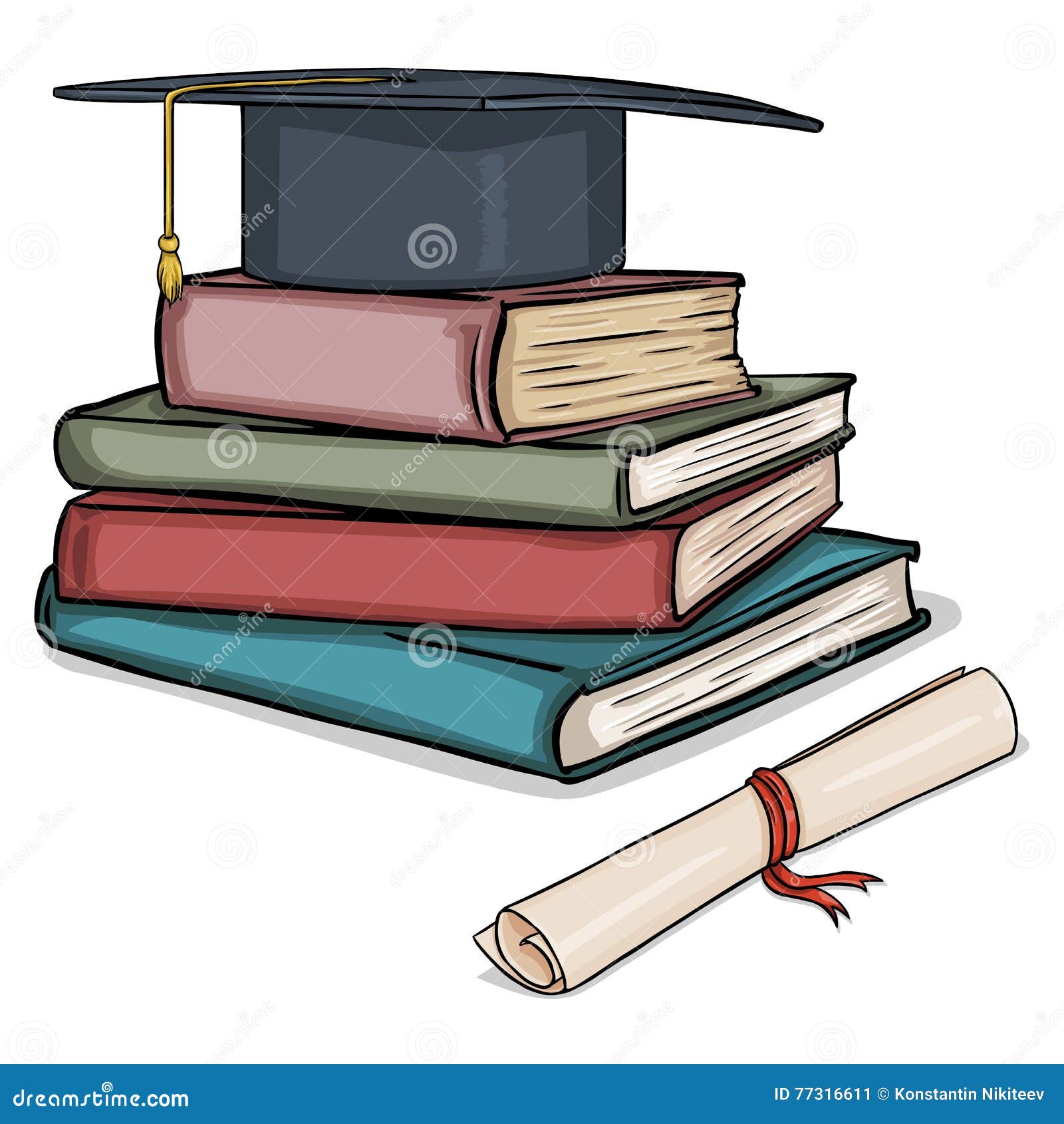 Vector Cartoon Academic Hat on Stack of Books and Diploma Stock Vector ...
