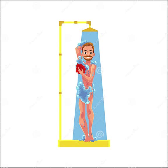 Vector Cartoon Adult Man Taking Shower Isolated Stock Vector