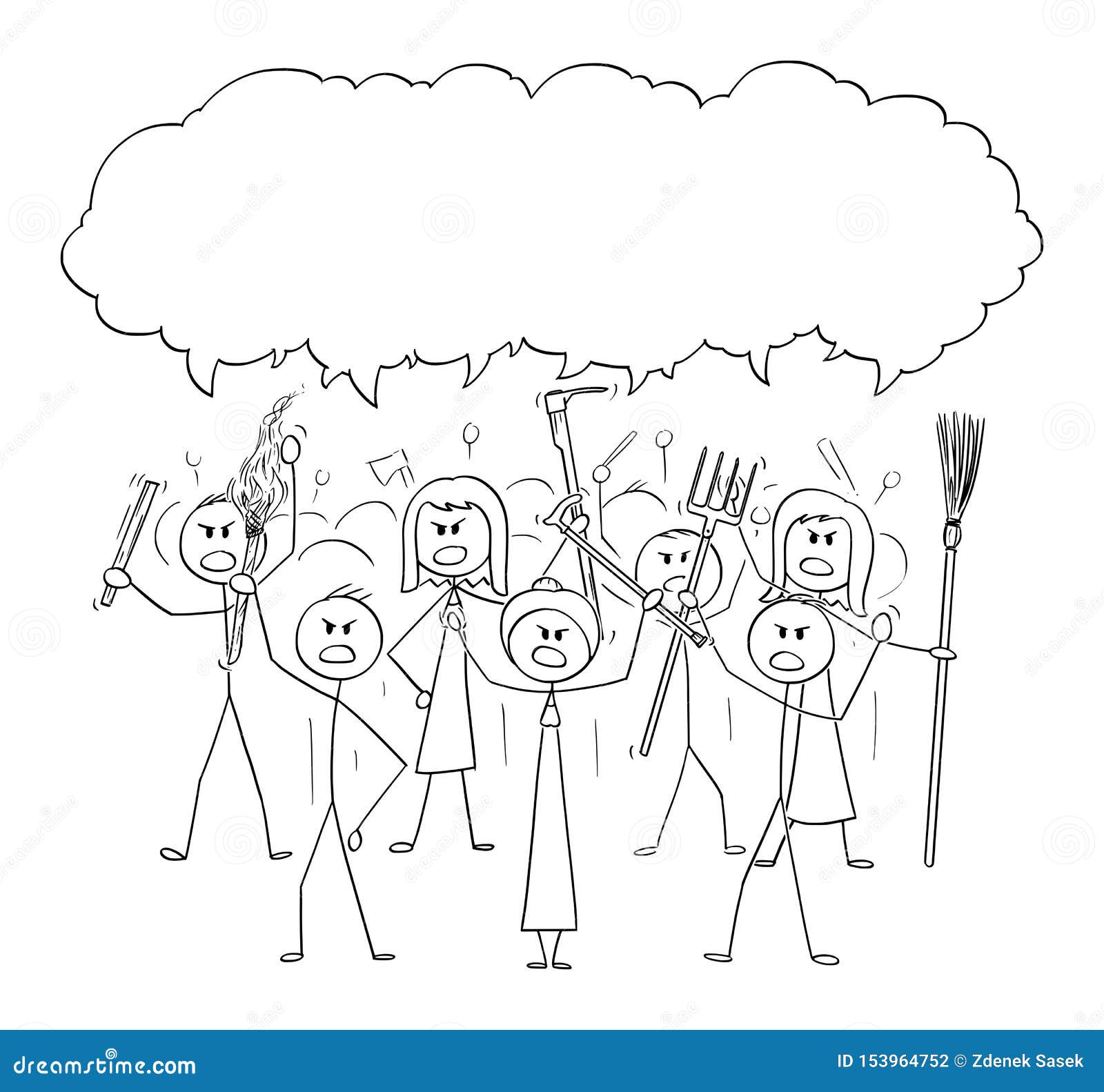 Vector Cartoon of Angry Mob Stick Characters with Tools As Weapons and ...