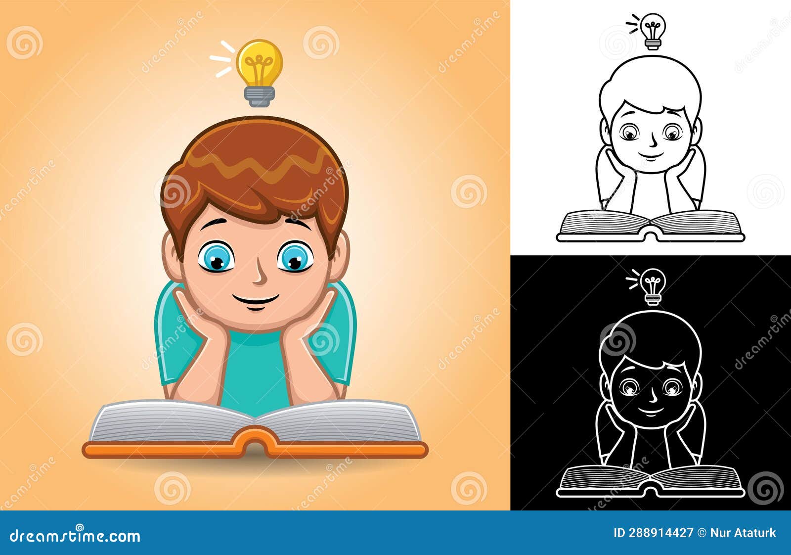 Vector Cartoon of Boy is Reading Book with Lightbulb on His Head Stock ...