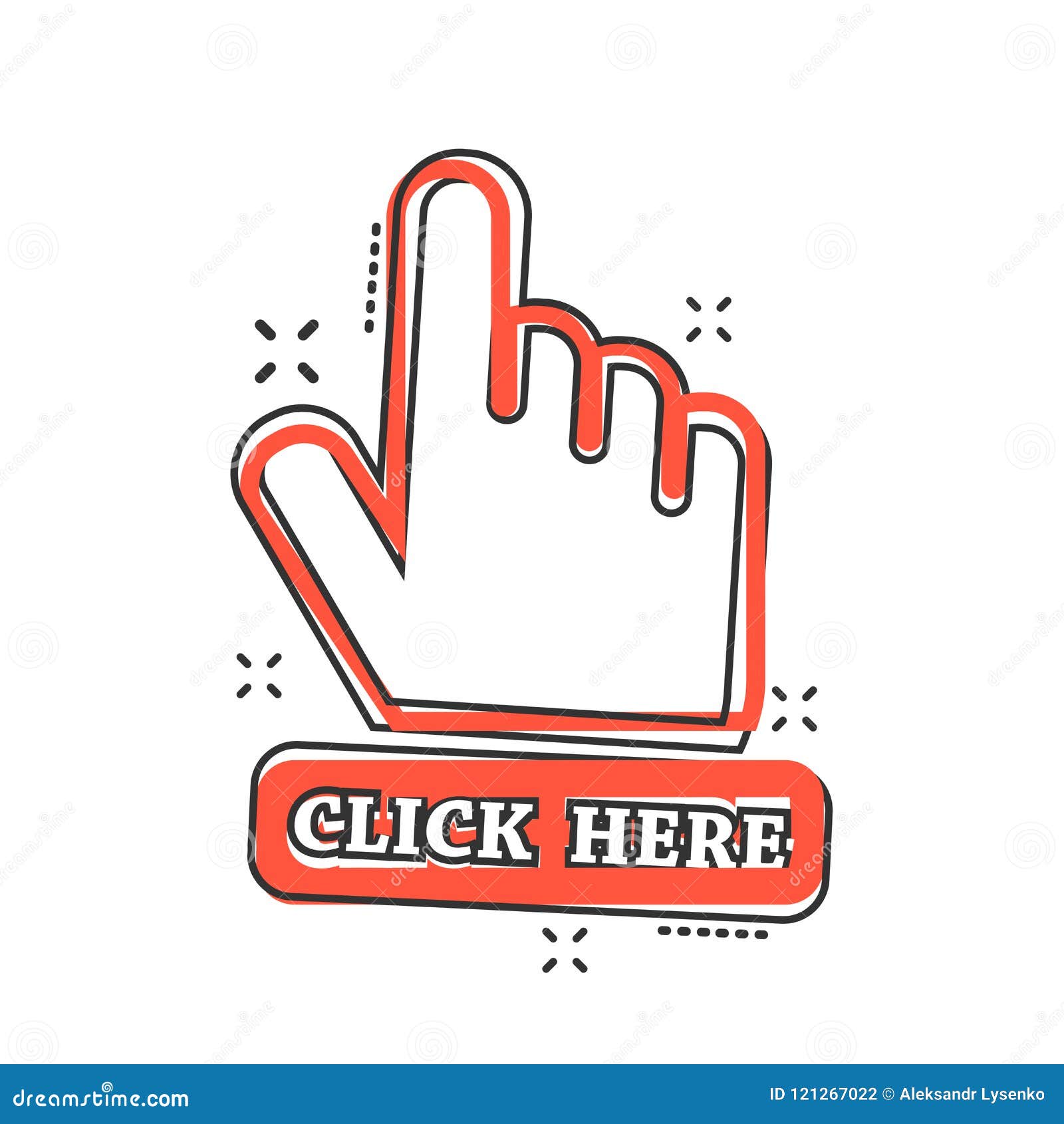 Vector Cartoon Click Here Icon in Comic Style. Hand Cursor Sign Stock ...