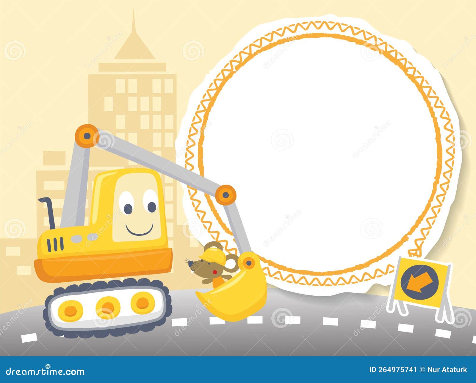 Vector Cartoon of Construction Elements, Round Empty Frame with Funny ...