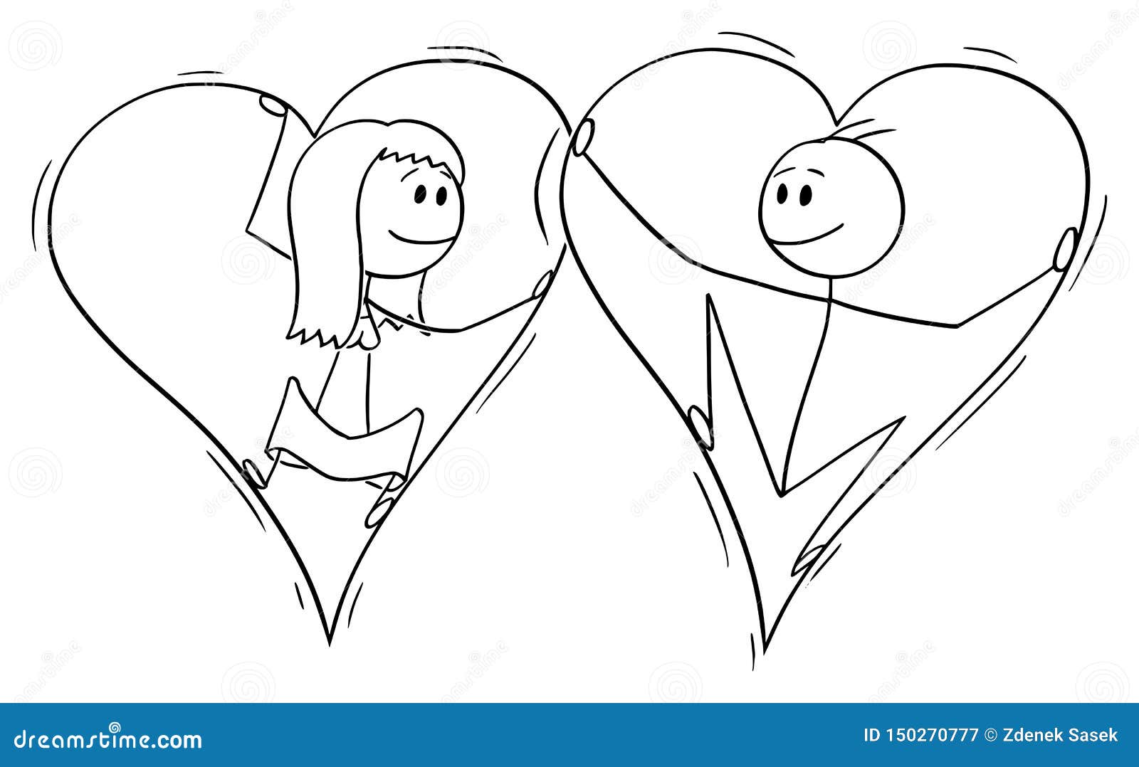 Vector Cartoon Of Couple Of Man And Woman In Love Trapped Together Inside Of Big Hearts Stock