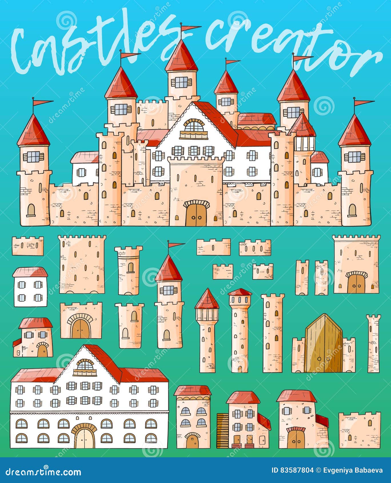 Vector Cartoon Cute Creator Castles. Set of Architecture. Stock Vector ...