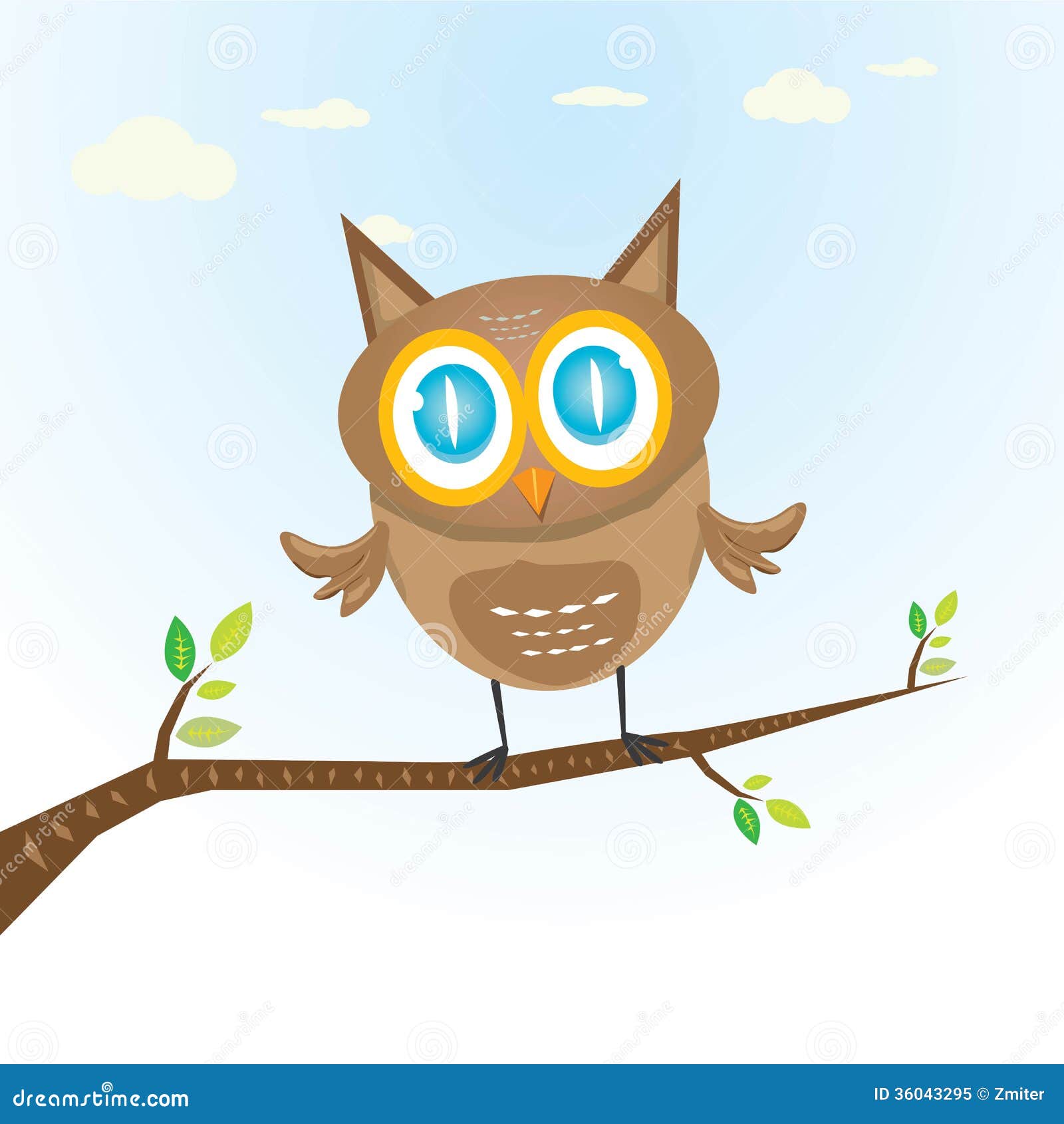 Vector Cartoon Cute Little Owl Bird on Tree Branch Stock Vector ...