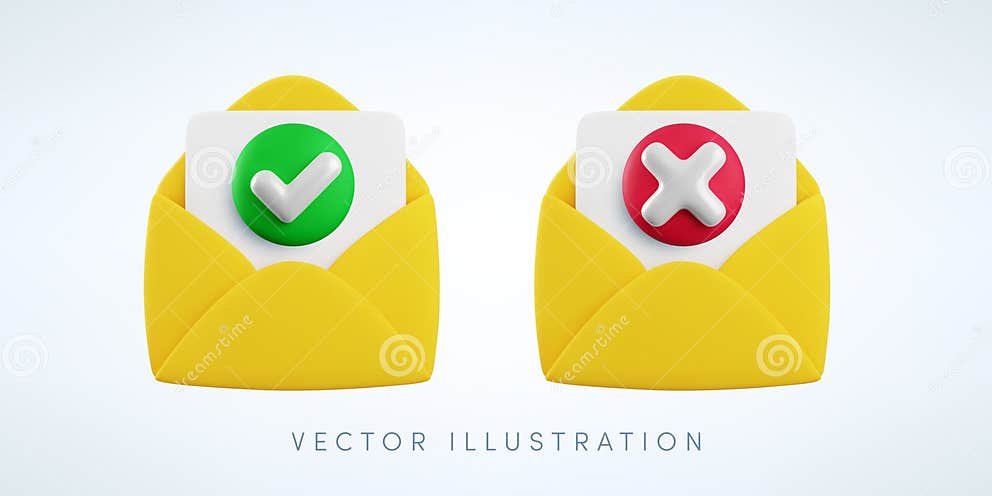 Vector Cartoon 3d Message Checkmark Icon Set. 3d Render Approved and ...