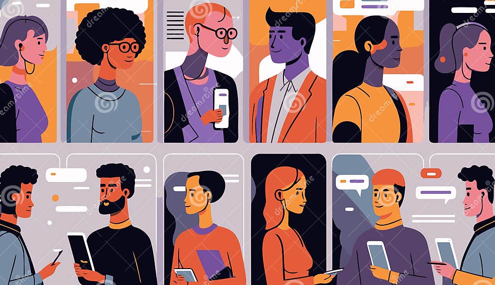 Vector Cartoon of a Diverse Group of People Communicating with Modern ...
