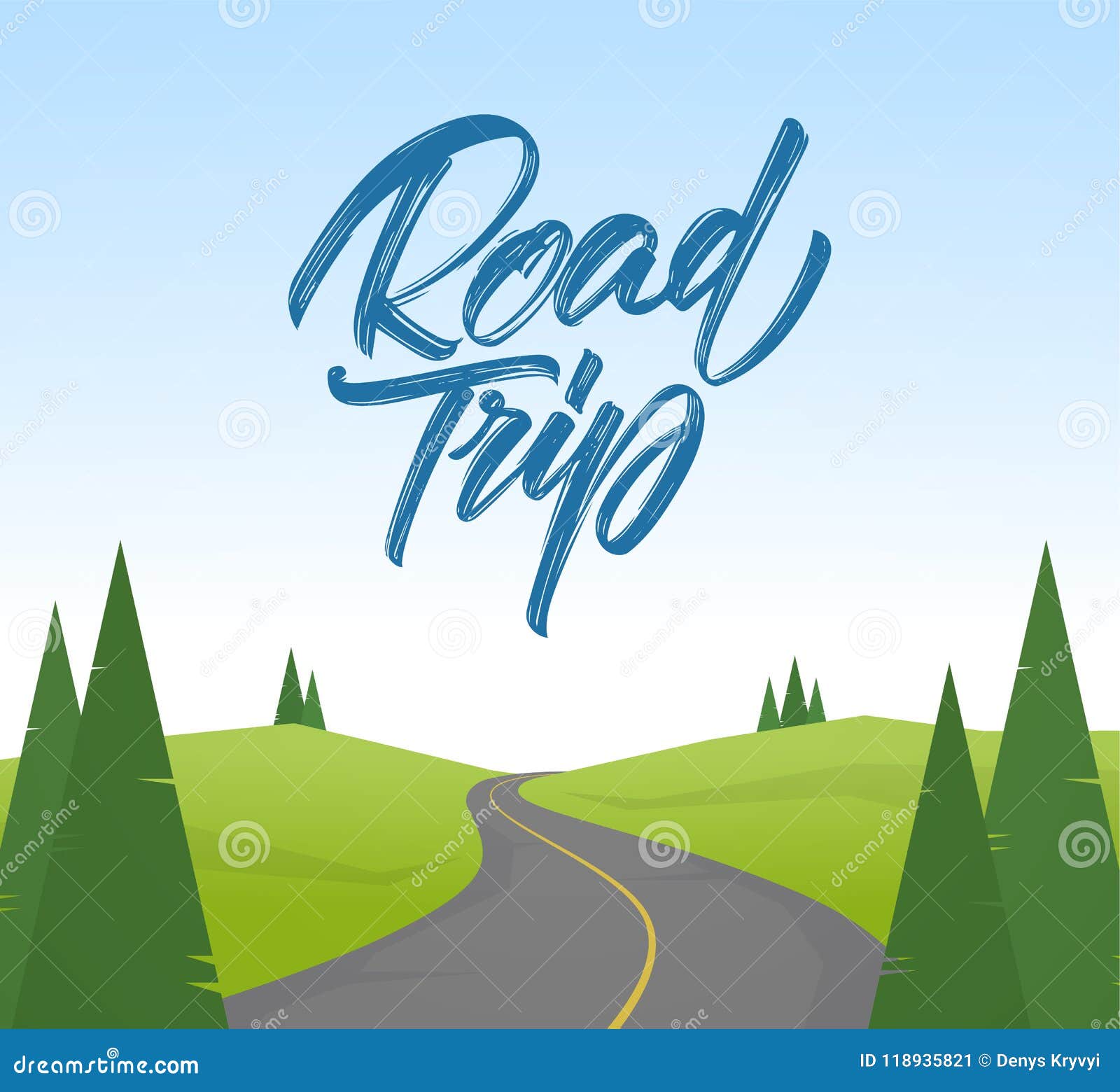 Vector Cartoon Flat Landscape with Handwritten Type Lettering of Road ...