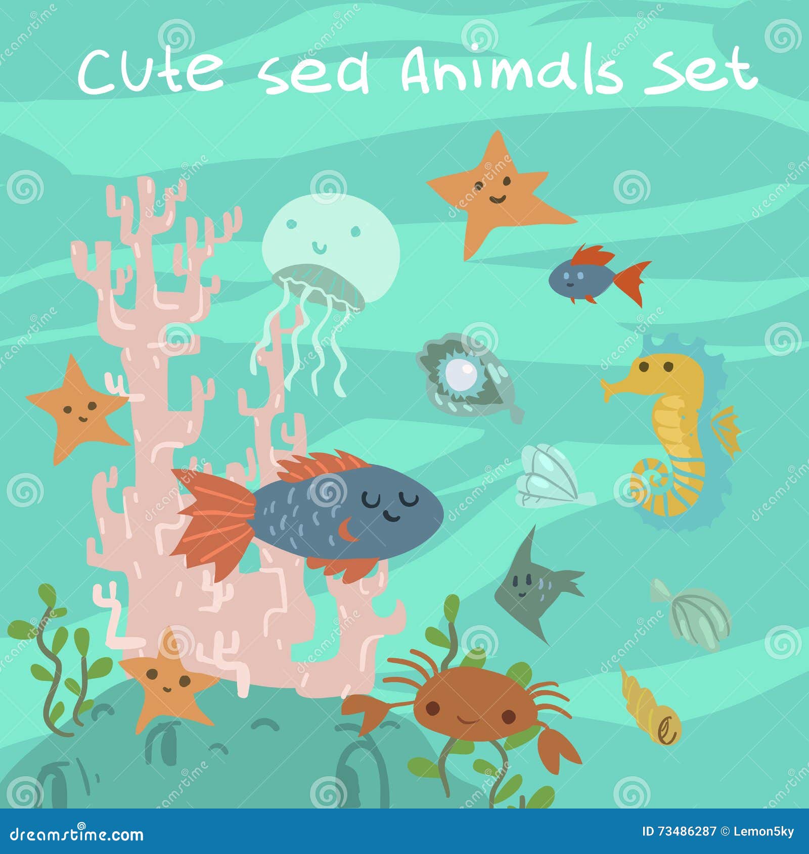 Vector Cartoon Flat Ocean Stuff. Stock Vector - Illustration of ...