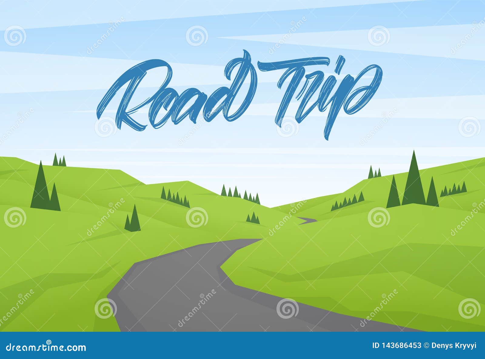 Vector Cartoon Flat Summer Landscape with Handwritten Type Lettering of ...