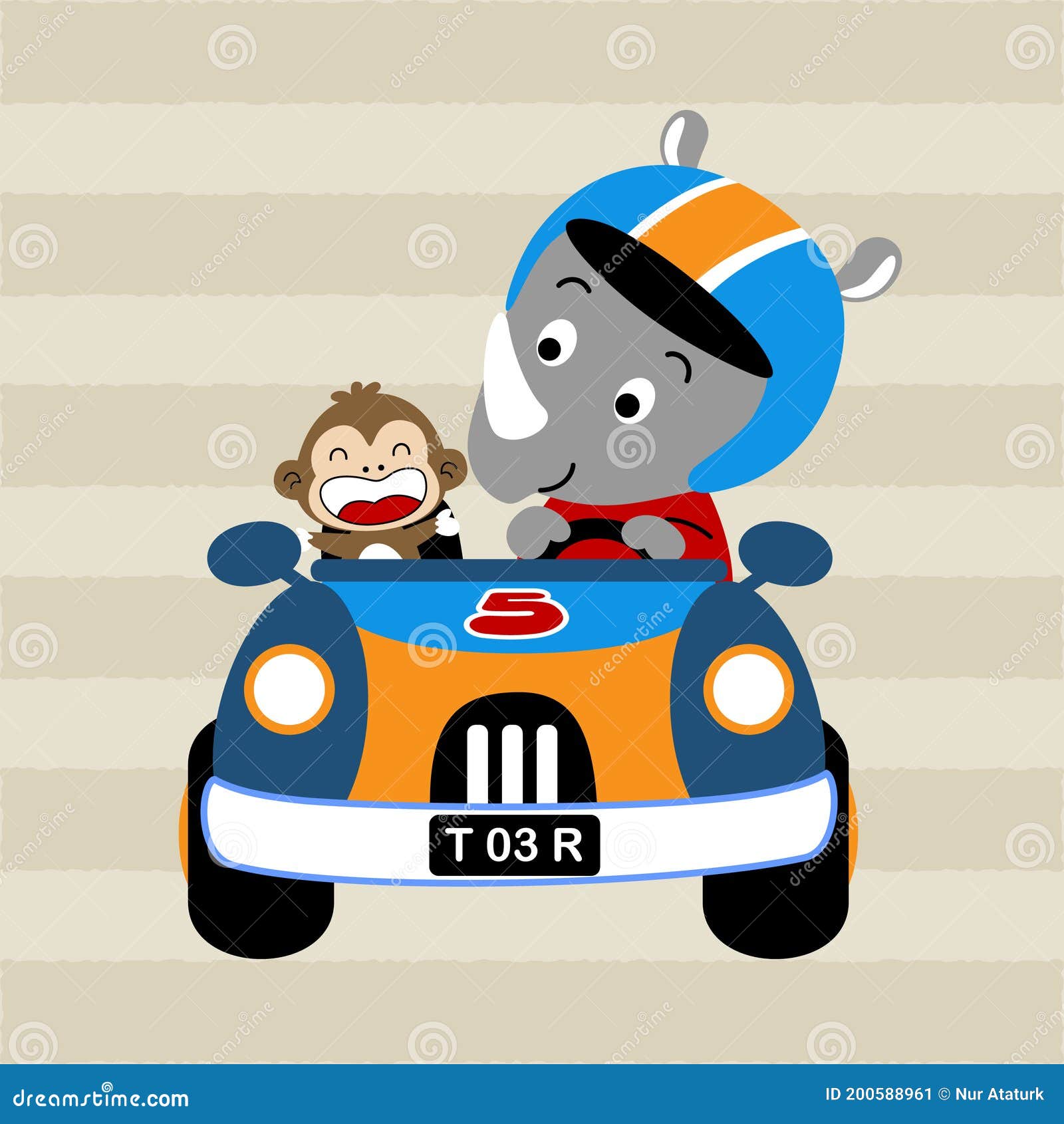 Funny Cartoon of Rhino and Monkey on Racing Car Stock Vector ...