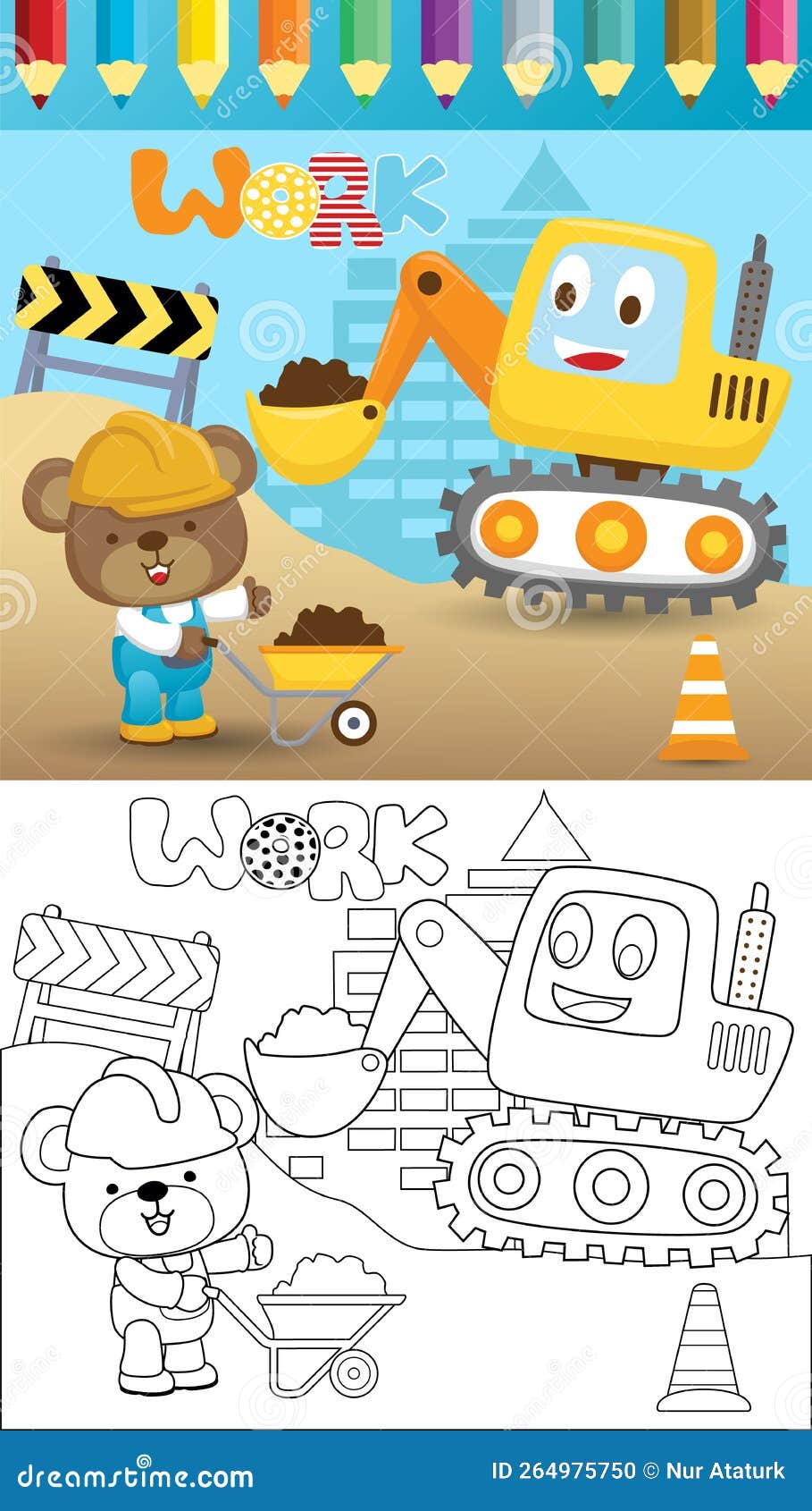 Vector Cartoon of Funny Digger with a Little Bear in Worker Costume ...