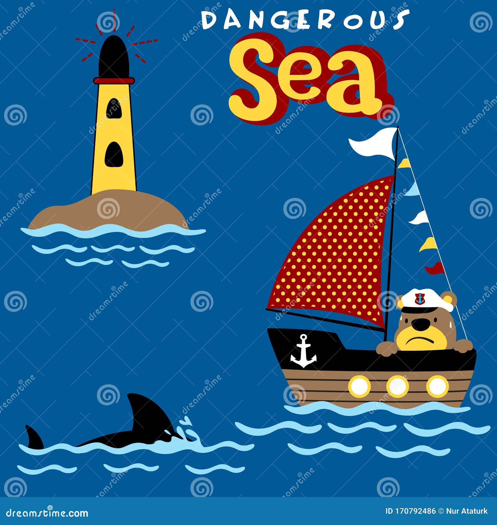Sea Theme Cartoon, Lighthouse, Sailboat with Funny Sailor, Shark Stock ...