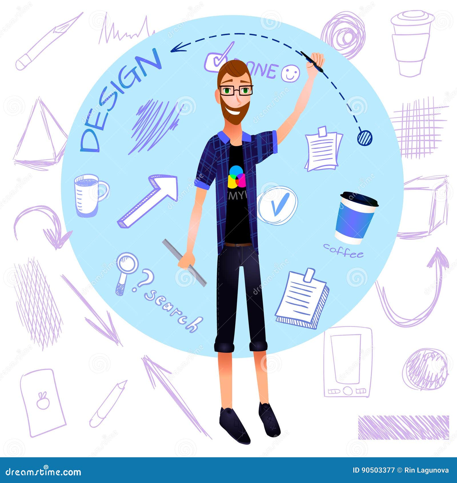 VECTOR Cartoon Graphic Designer with Doodle Elements. Stock Vector ...