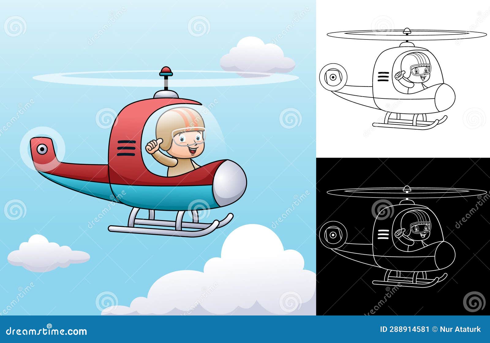 Vector Cartoon of Helicopter with Little Pilot. Coloring Book or Page ...