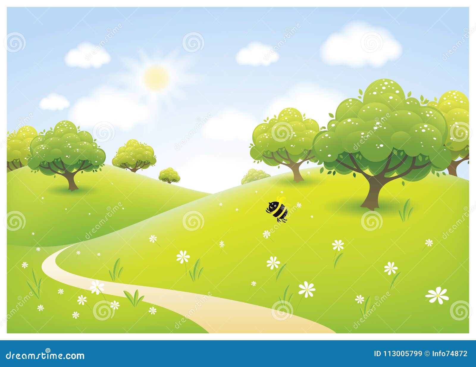 Vector Cartoon Illustration of a Beautiful Spring Sunny Meadow Stock ...