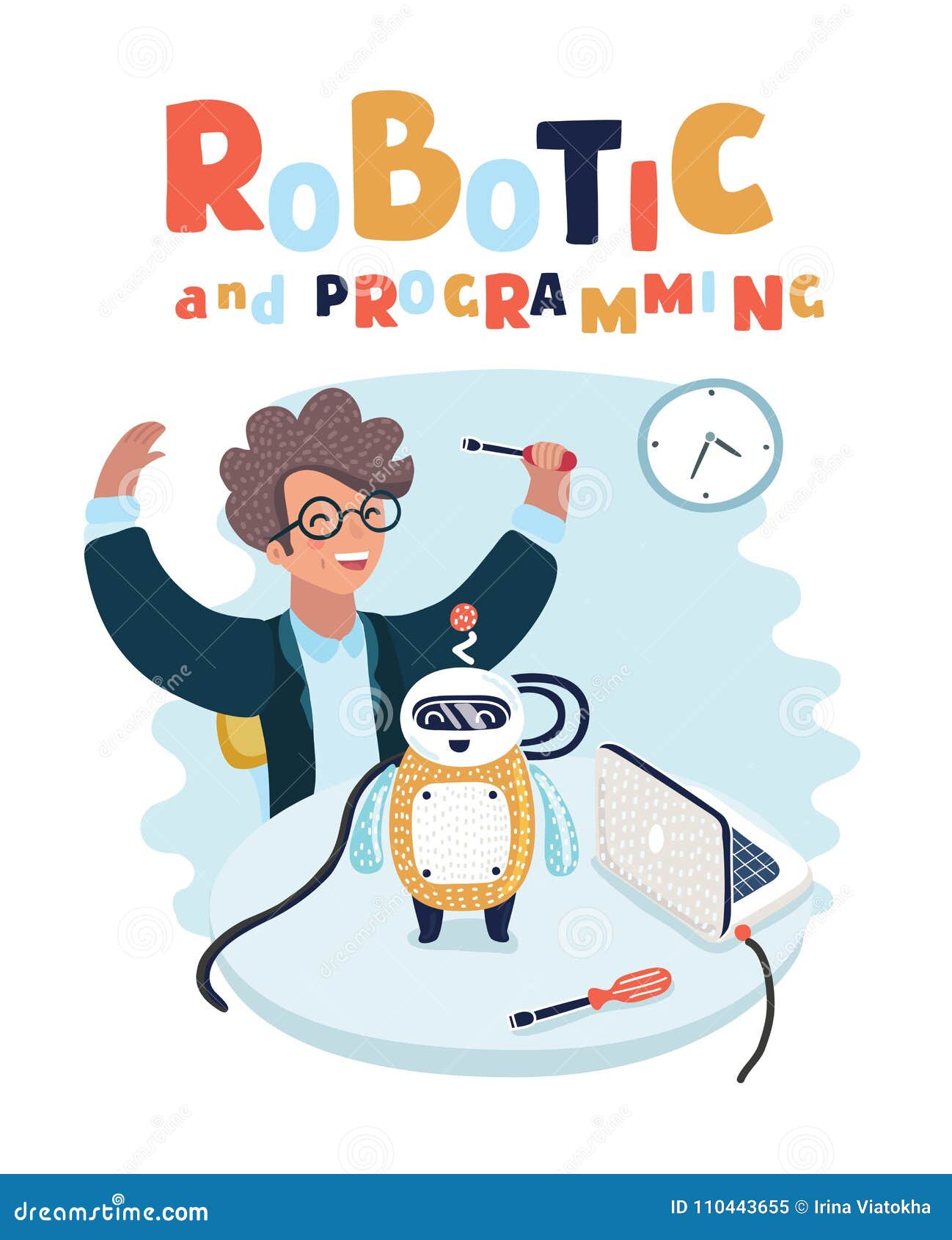 Boy play with cute robot stock vector. Illustration of machine - 110443655