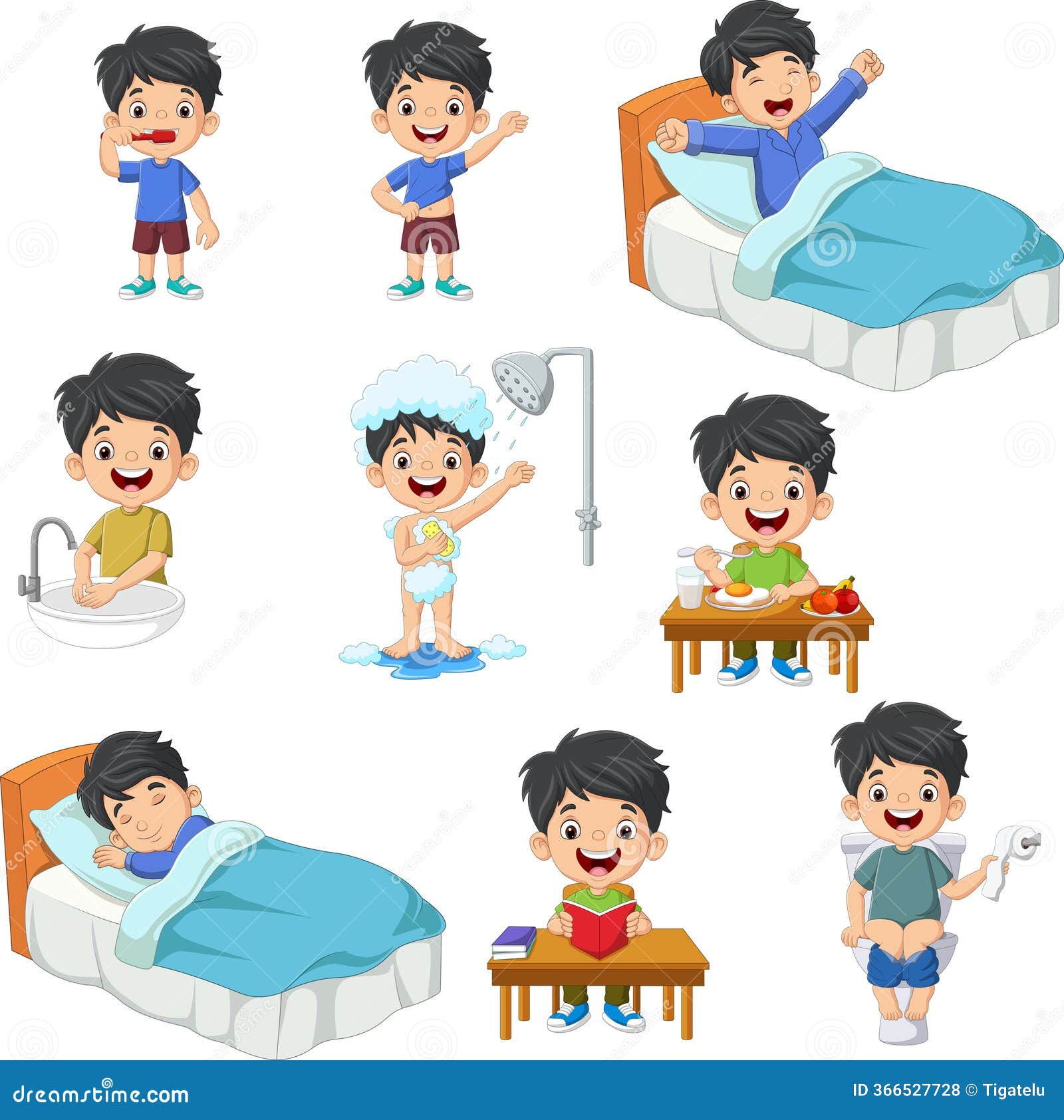 Cartoon Kid Daily Routine Activities Set Vector Illustration ...