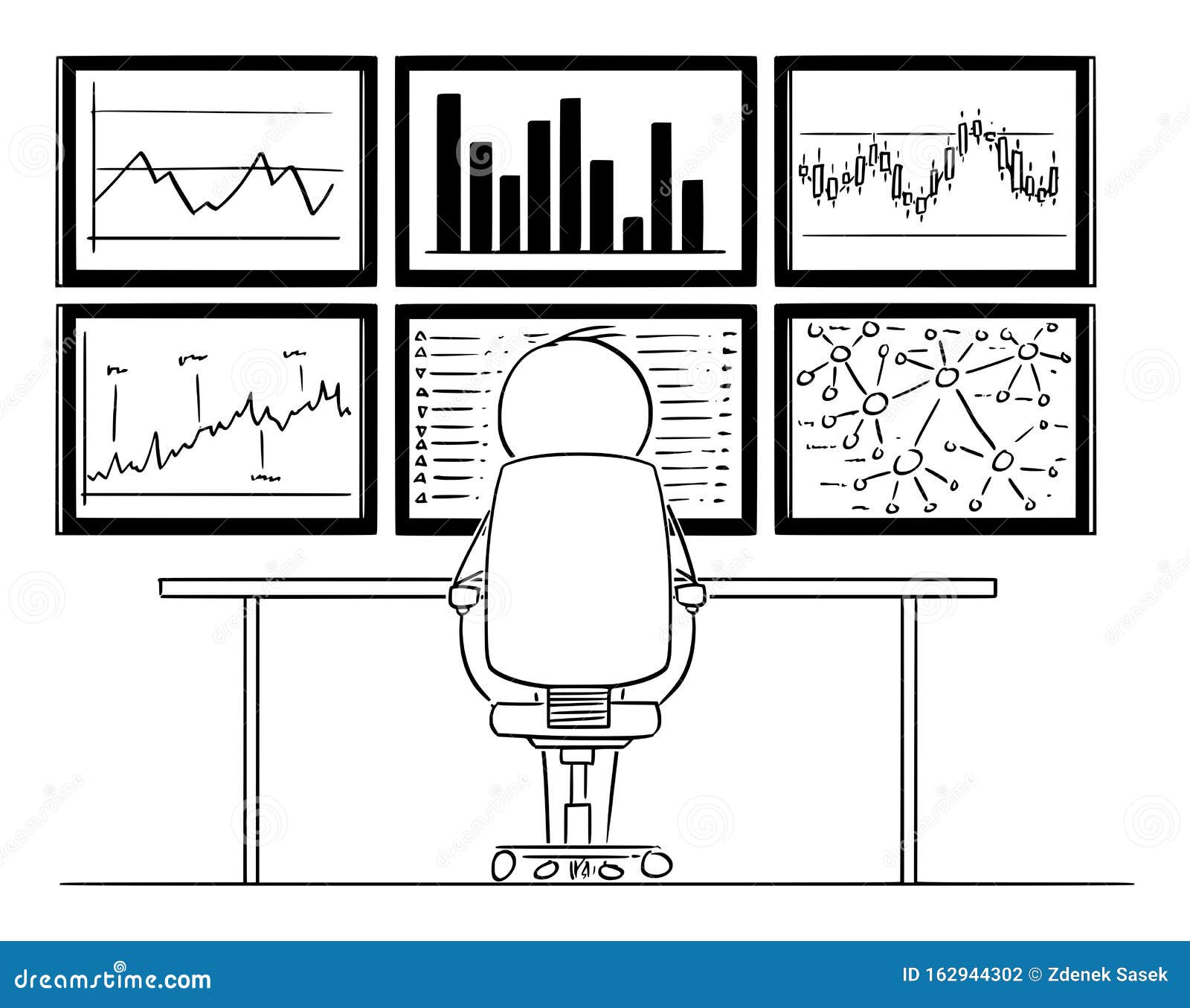 Vector Cartoon Illustration of Businessman Sitting in Front of Six ...
