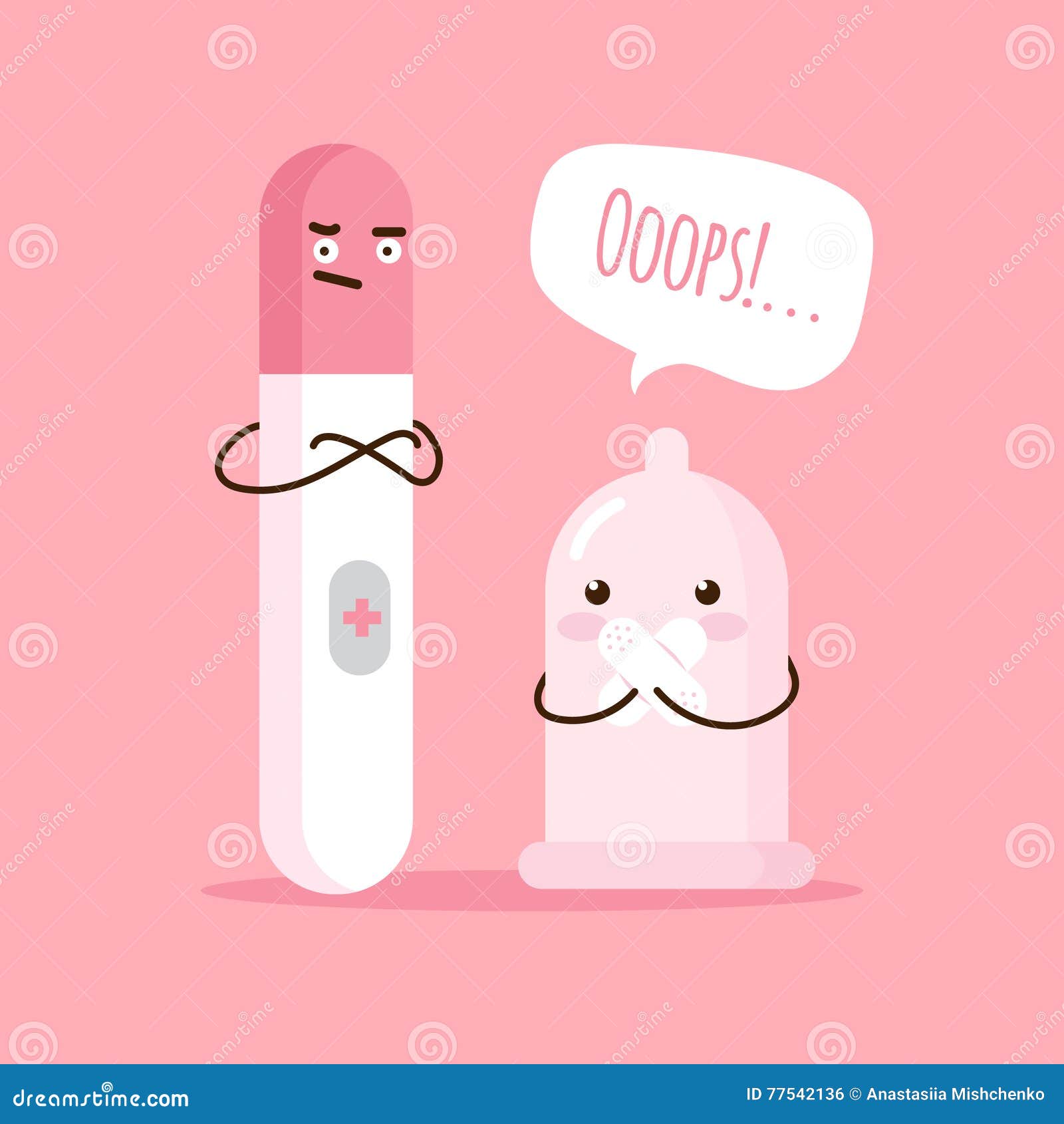 Vector Cartoon Illustration With Condom And Positive Pregnancy Test